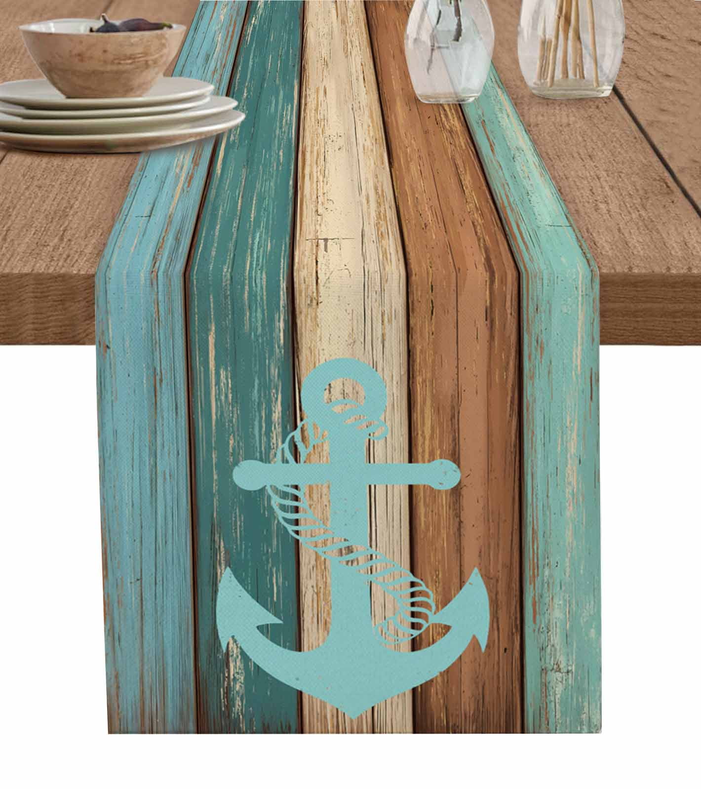 Turquoise Anchor Table Runner Nautical Brown Green Retro Wood Grain ...