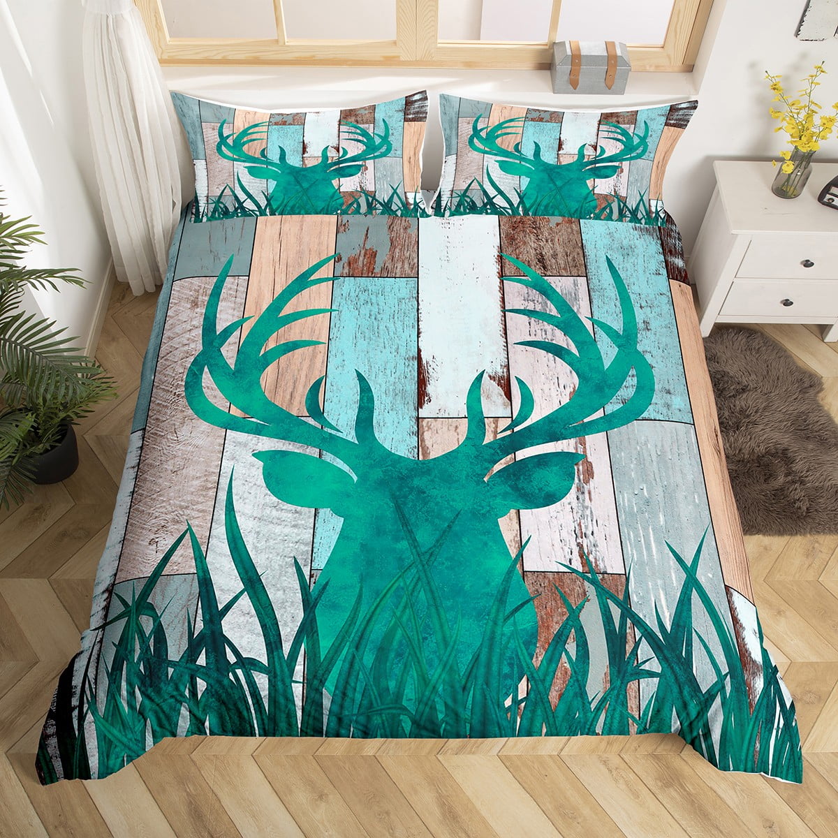 Turquoise Antler Bedding Set Elk Deer Silhouette Rustic Comforter Cover ...