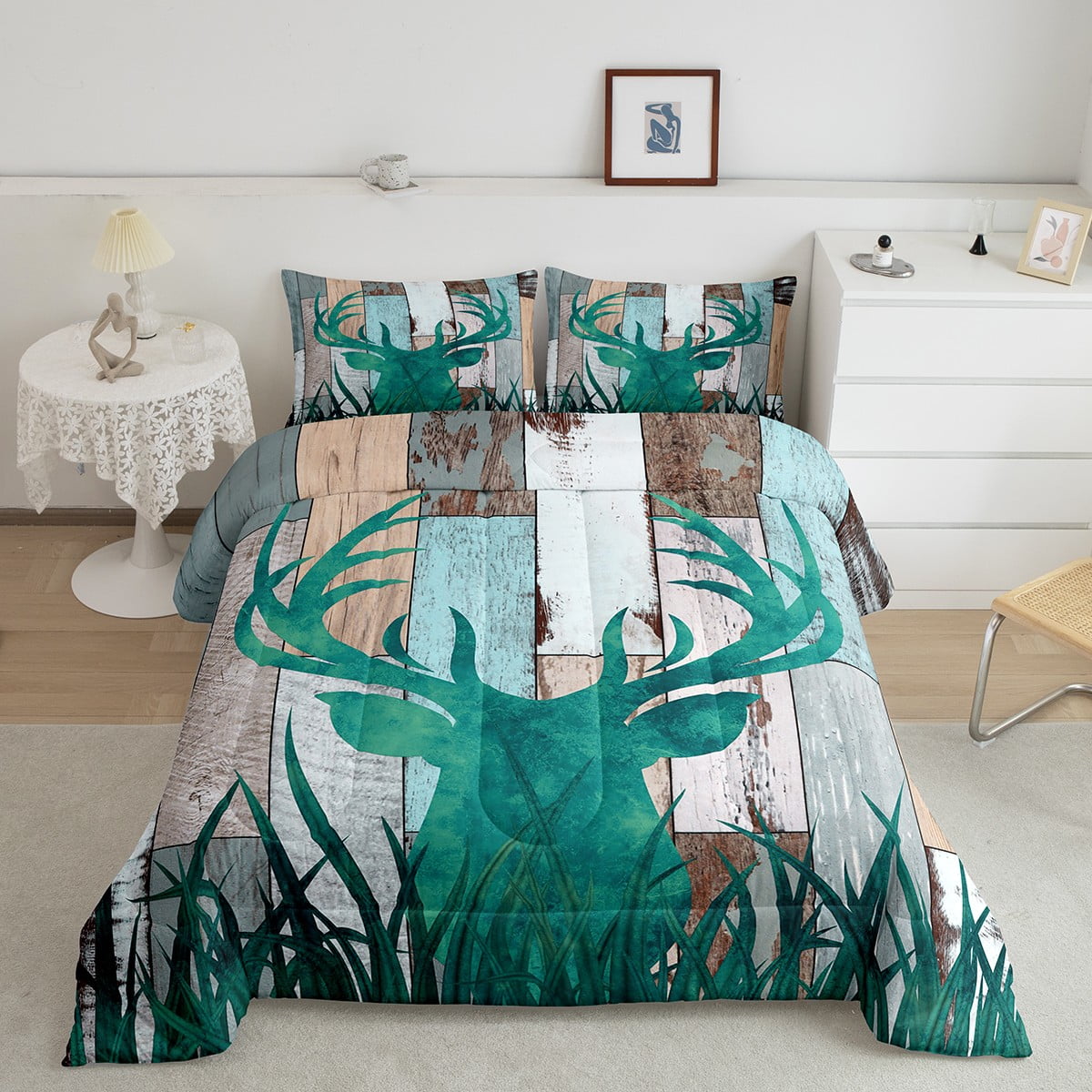 Turquoise Antler Bedding Set Elk Deer Silhouette Rustic Quilt,Woodland ...