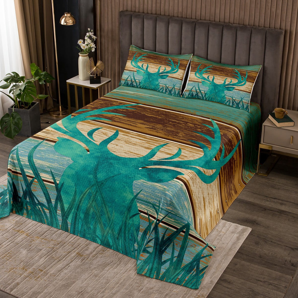 Turquoise Antler Bedspread Set Elk Deer Silhouette Rustic Coverlet Set ...