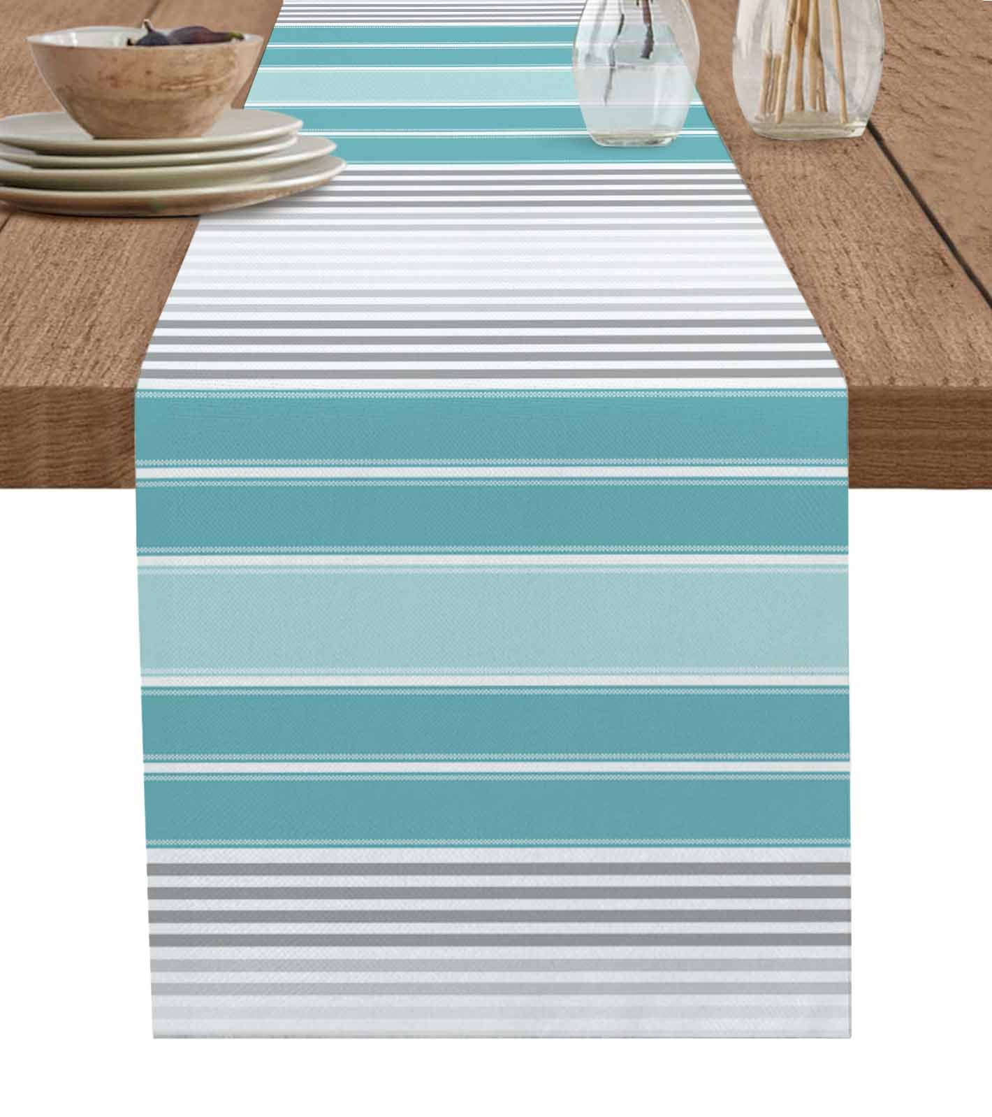 Turquoise Aqua Stripes Burlap Cotton Table Runner 13x120 Inches Long, Modern Minimalist Abstract ...