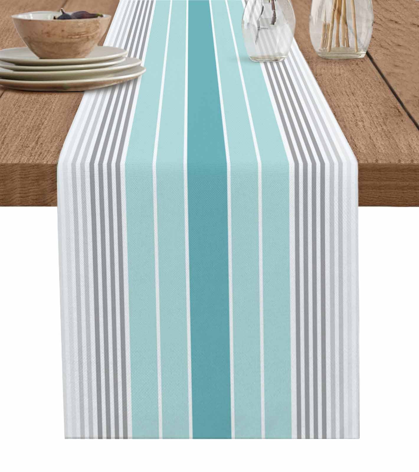 Turquoise Aqua Stripes Table Runner Cotton Linen 72 Inch Holiday Dresser Scarves, Modern ...