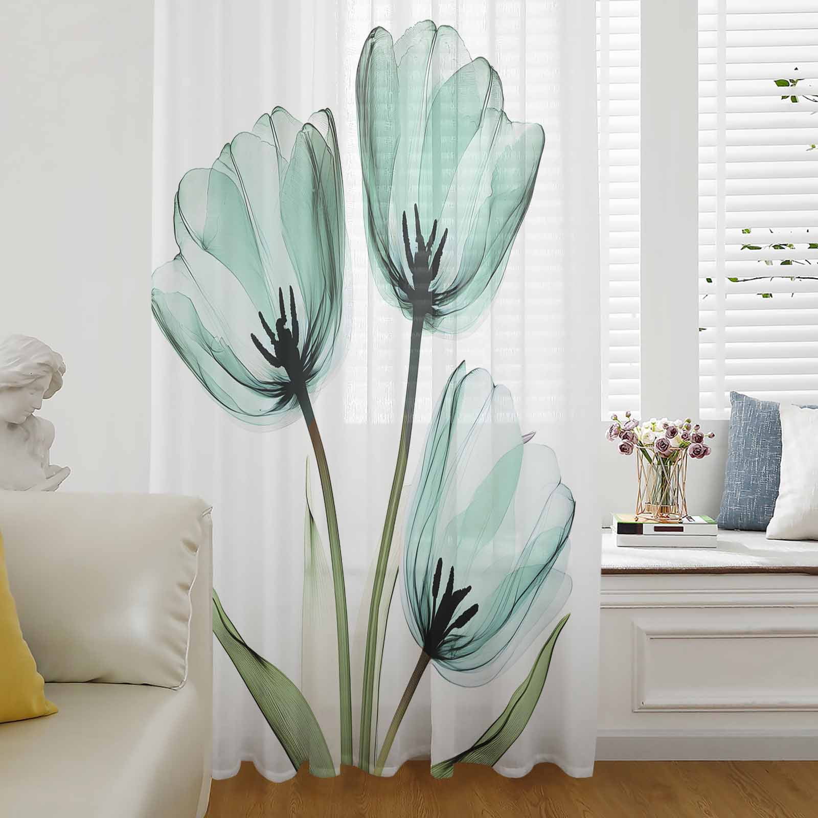 Turquoise Aqua Tulips Window Curtain 96 Inches Long,Watercolor Floral ...