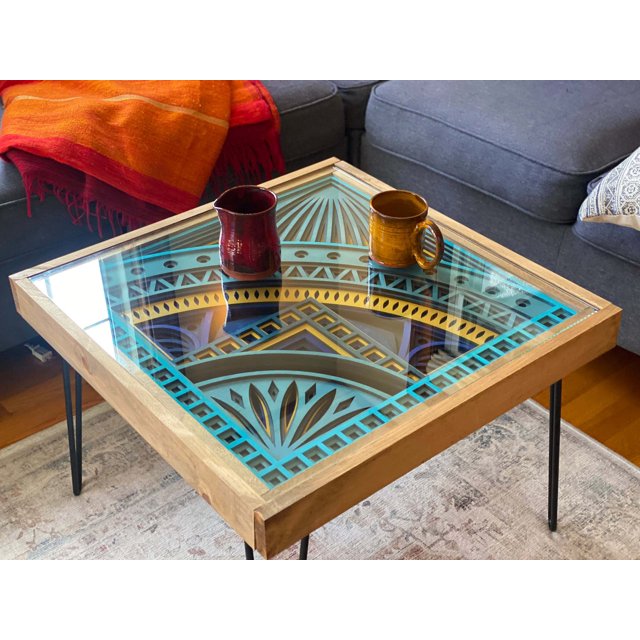 Turquoise, Aqua, and Bright Yellow Mandala Coffee Table - 25x25 ...