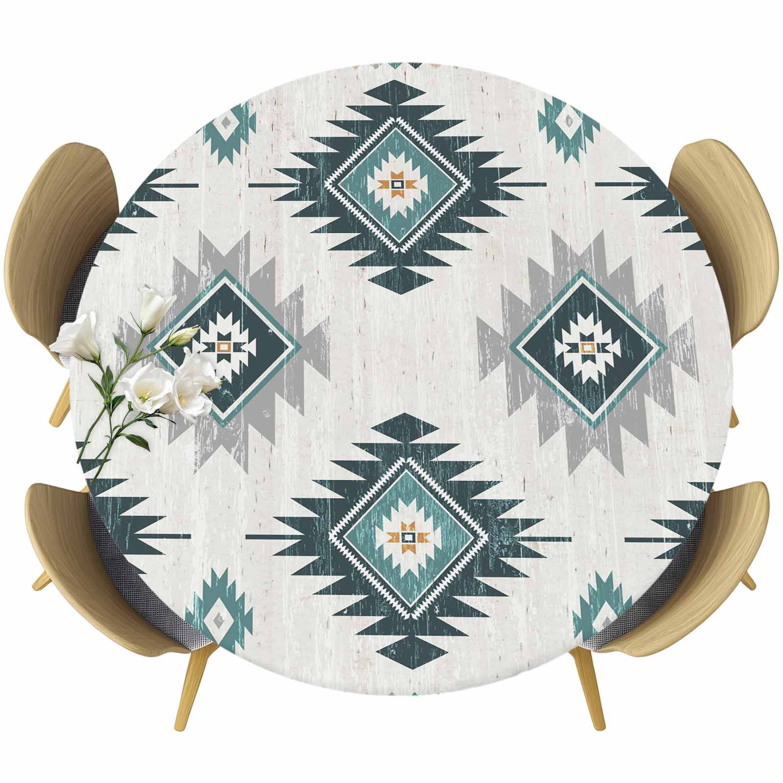 Turquoise Aztec Round Tablecloth 55-60 Inch Round Fitted Table Cloth ...