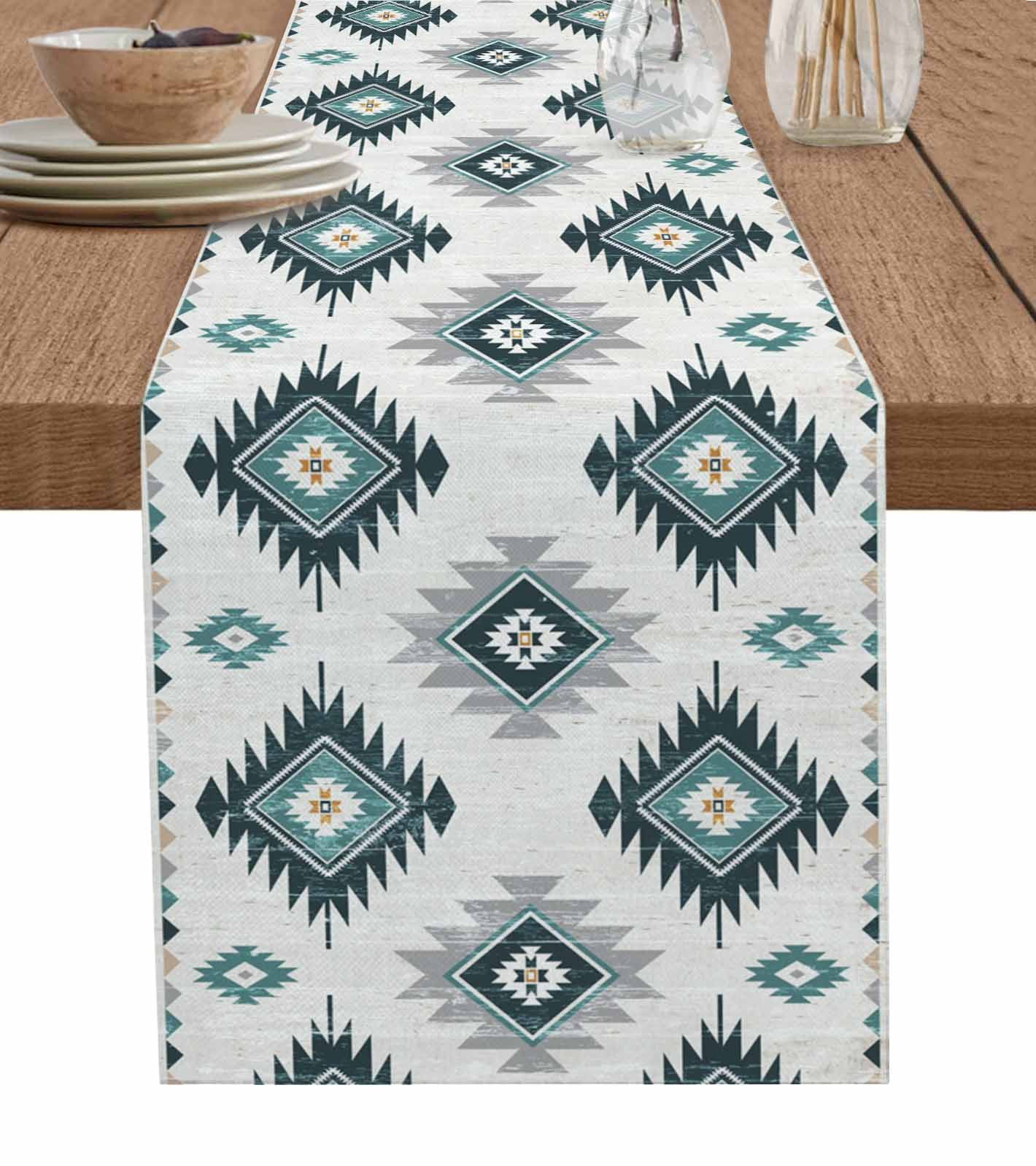 Turquoise Aztec Table Runner 72 Inches, Bohemian Southwest Neutral ...