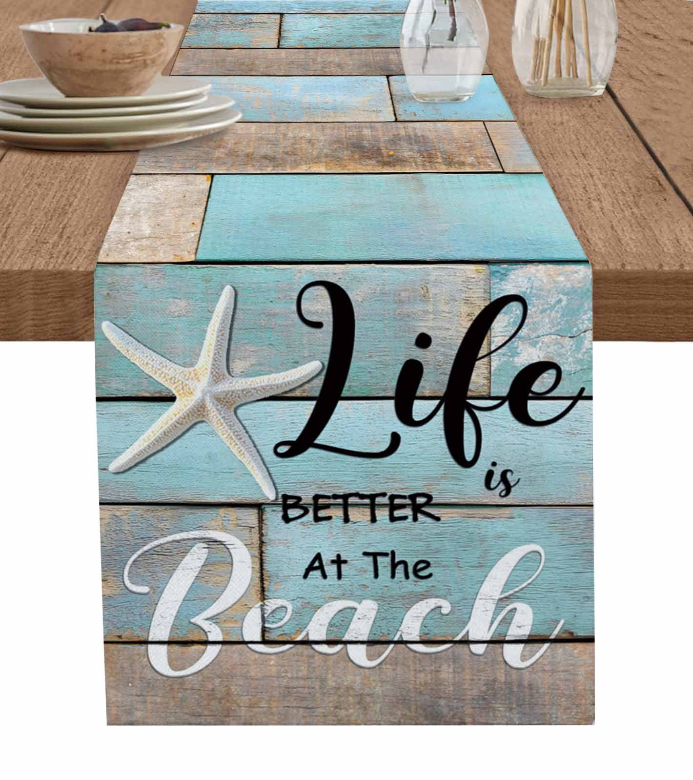 Turquoise Beach Table Runner 108 Inches, Coastal Starfish Retro Wooden ...