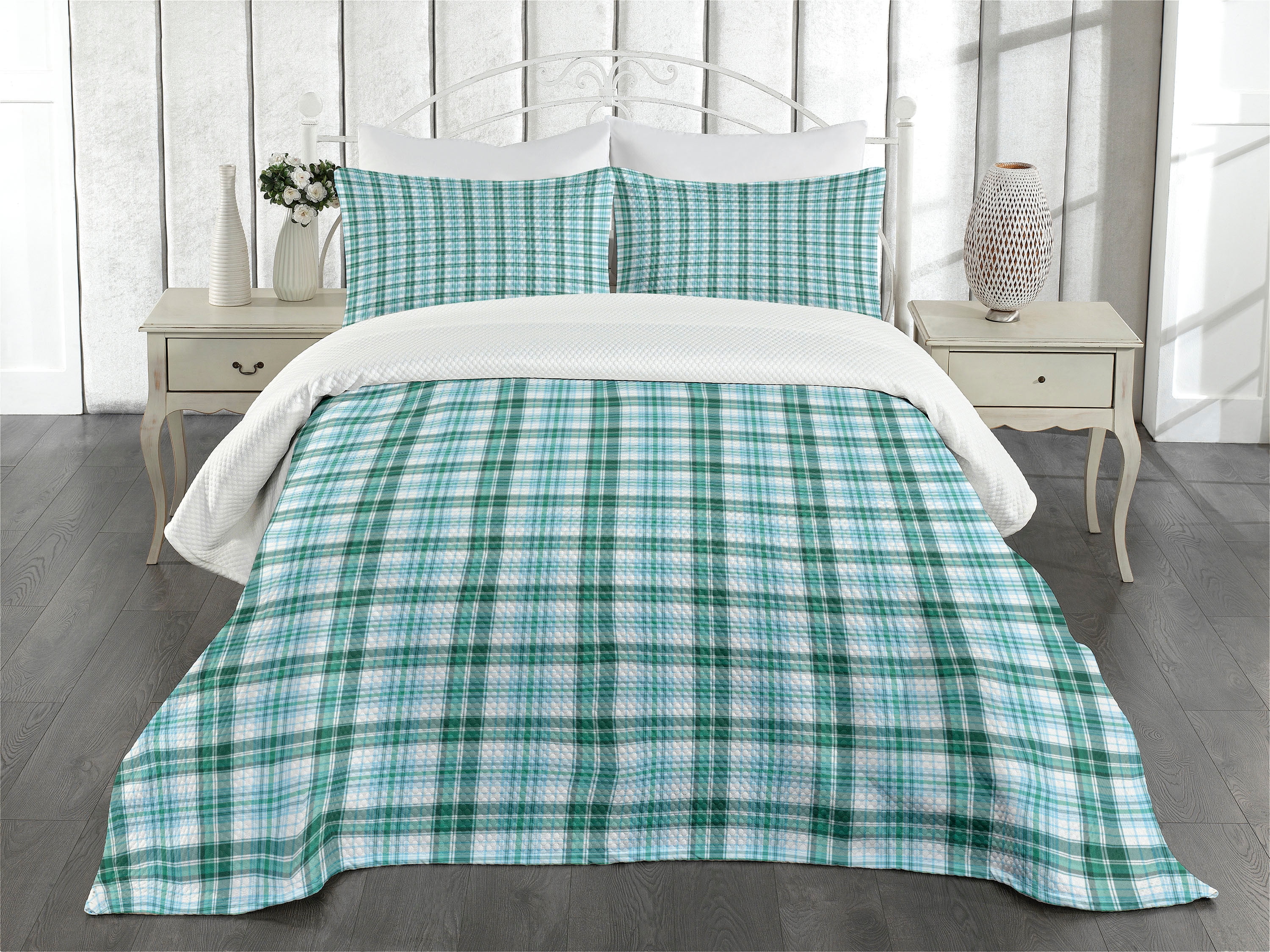 Turquoise Bedspread Set Queen Size, Abstract Checkered Squares Pattern ...