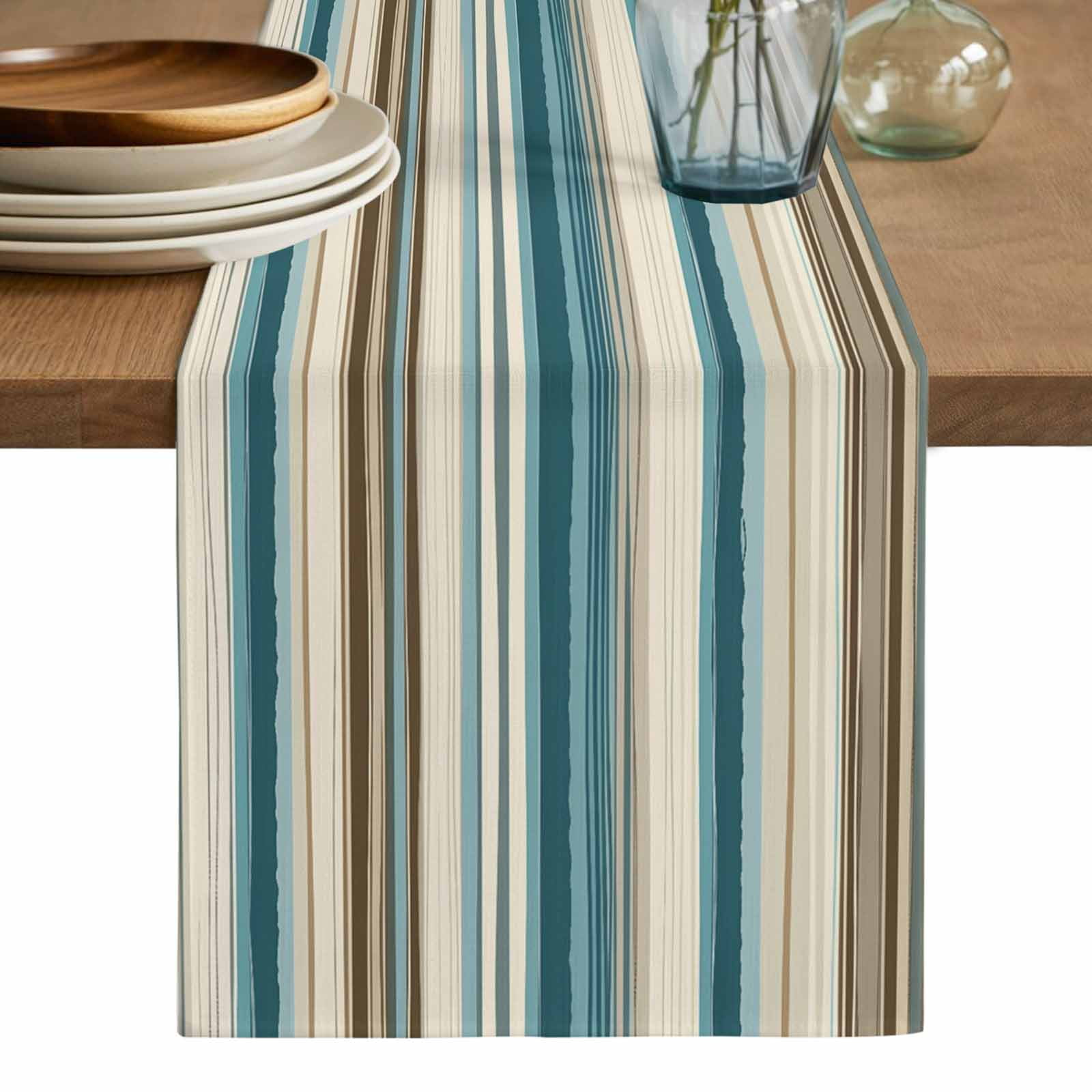 Turquoise Beige Table Runner, Boho Vertical Stripes Bohemian Retro ...