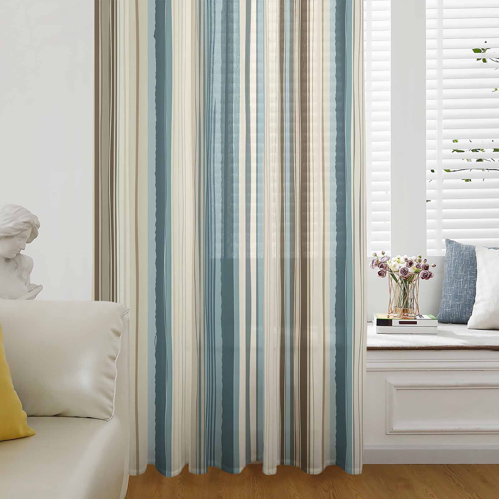 Turquoise Beige Window Curtain 96 Inches Long,Boho Vertical Stripes ...