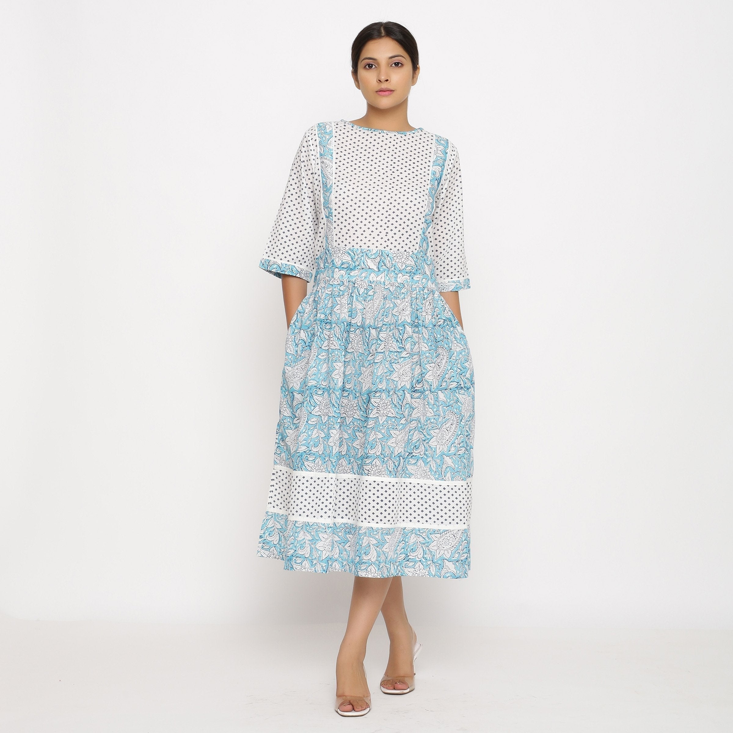 Turquoise Block Printed Cotton Midi Dress - Walmart.com