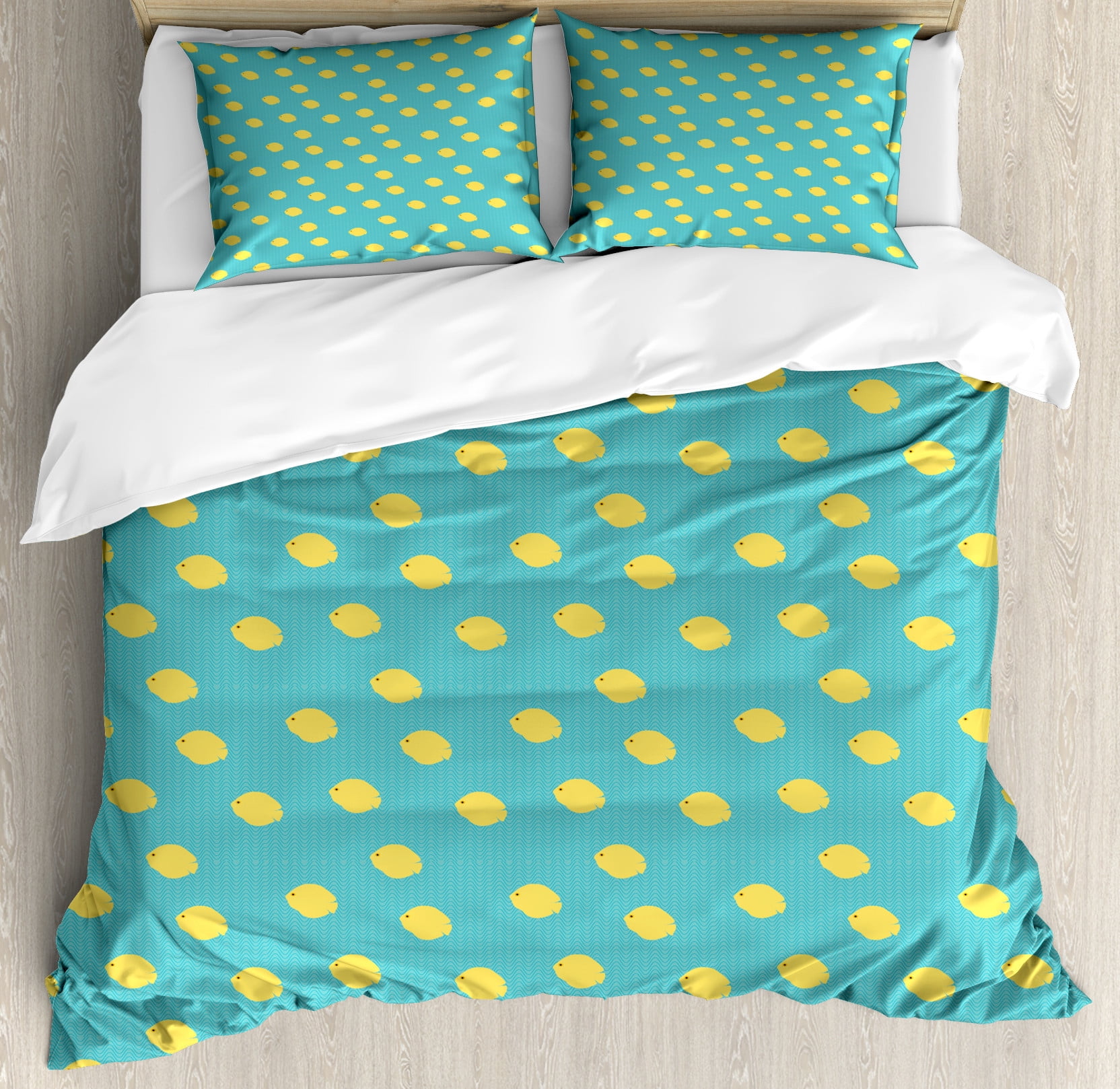 Turquoise Blue Duvet Cover Set, Repeating Tropic Fish Pattern on Thin ...