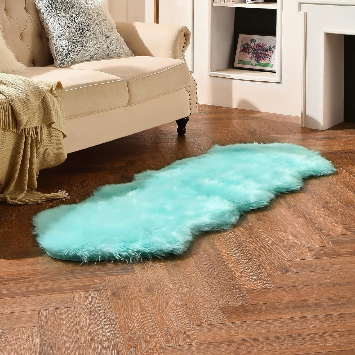 Turquoise Blue Faux Sheepskin Runner Rugs 2x6 ft, Fluffy Fur Dresser ...