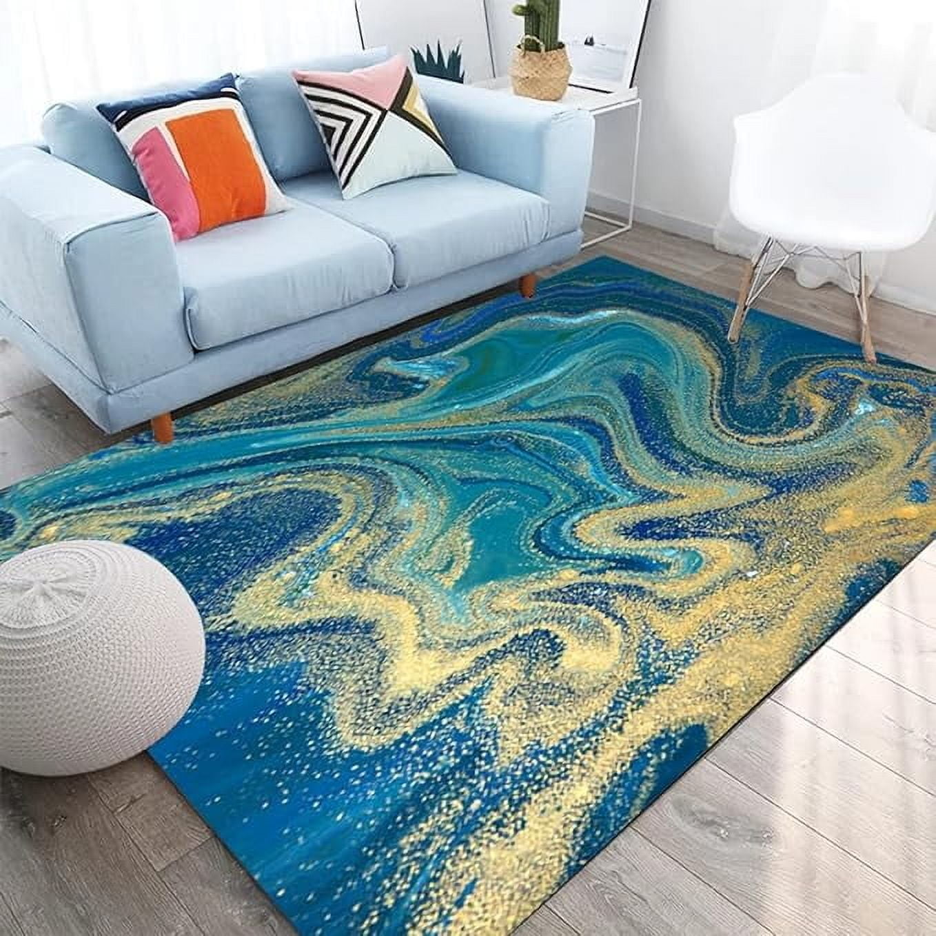 Turquoise Blue Gold Coastal Carpet Aesthetic Modern Abstract Area Rug ...
