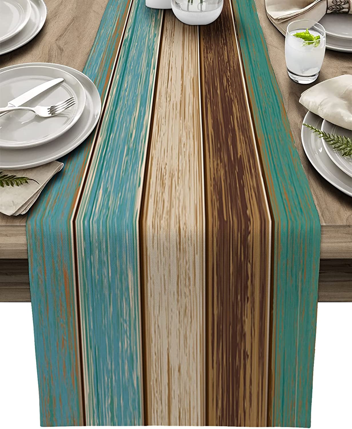 Turquoise Blue Green Wood Striped Linen Table Runners Dresser Scarves ...