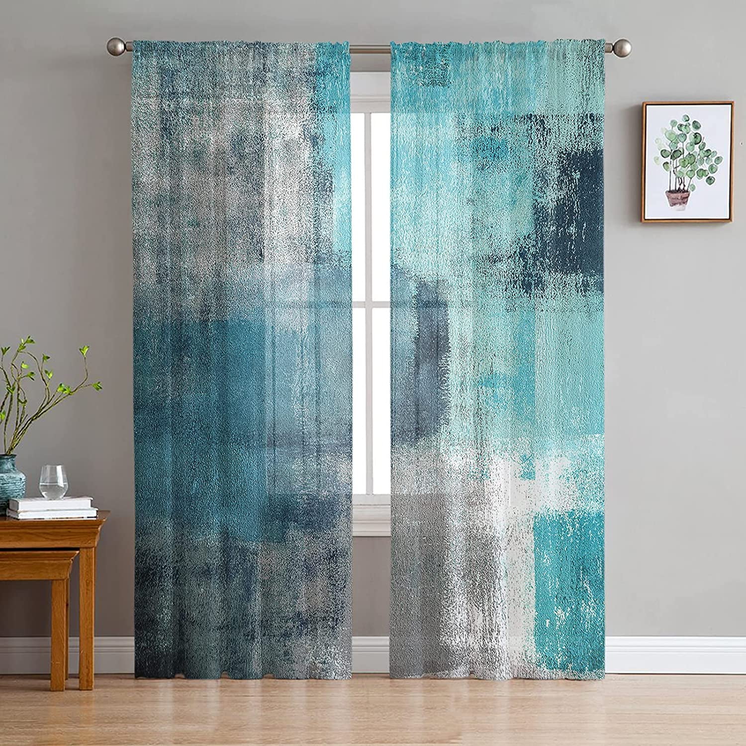 Turquoise Blue Grey Sheer Curtains 84 Inch Length 2 Panels Set for Living Room/Bedroom, Teal ...