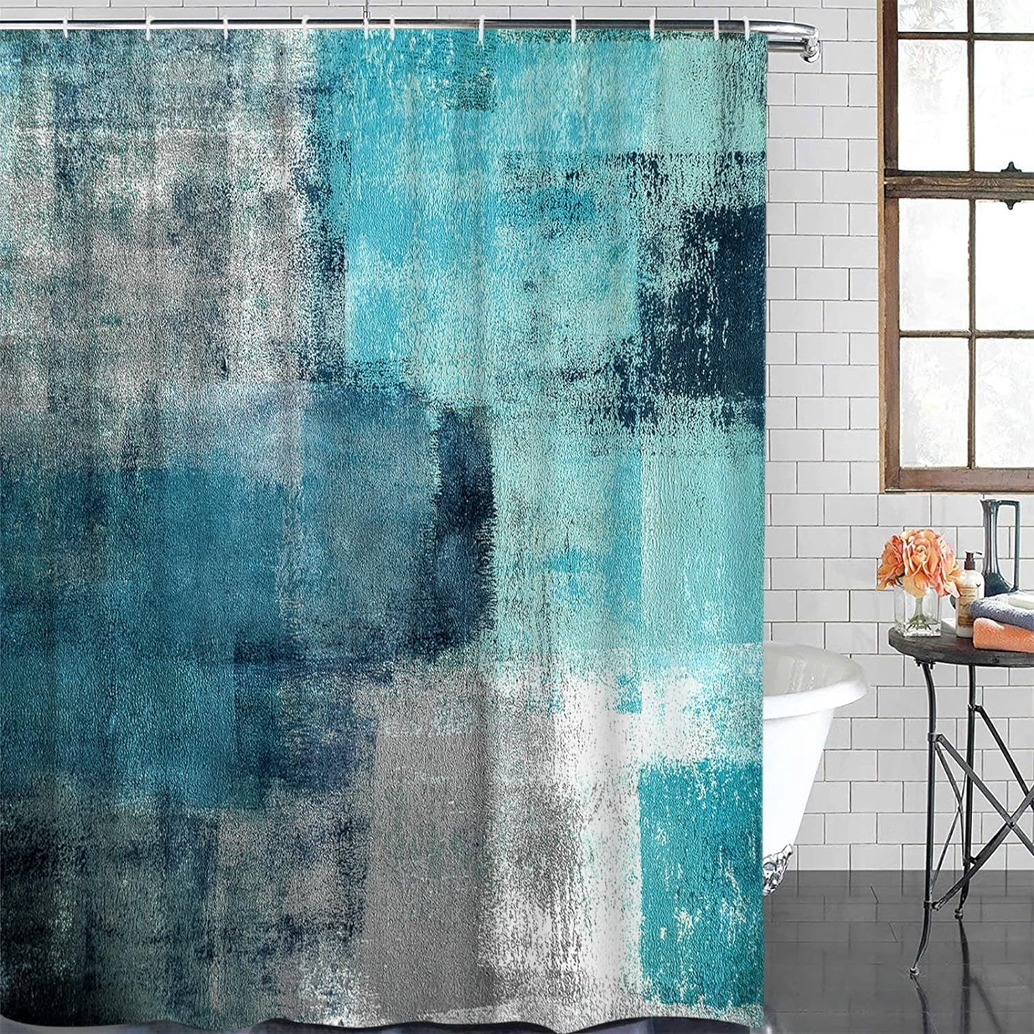 Turquoise Blue Grey Shower Curtain Lightweight Shower Curtains with 12 ...