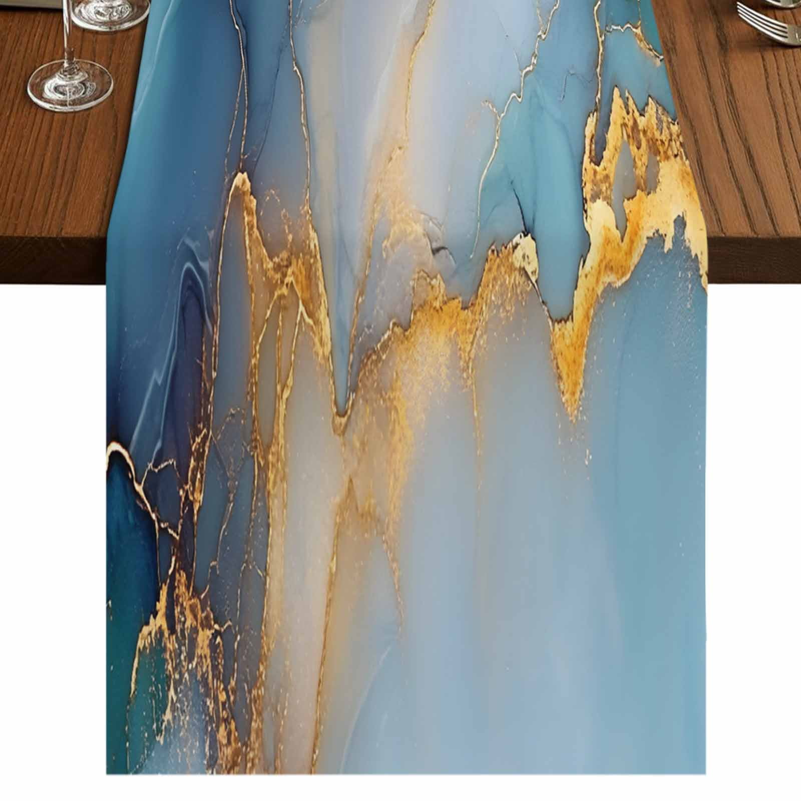 Turquoise Blue Marble 48 Inch Table Runner, Modern Teal Gold Geometric ...