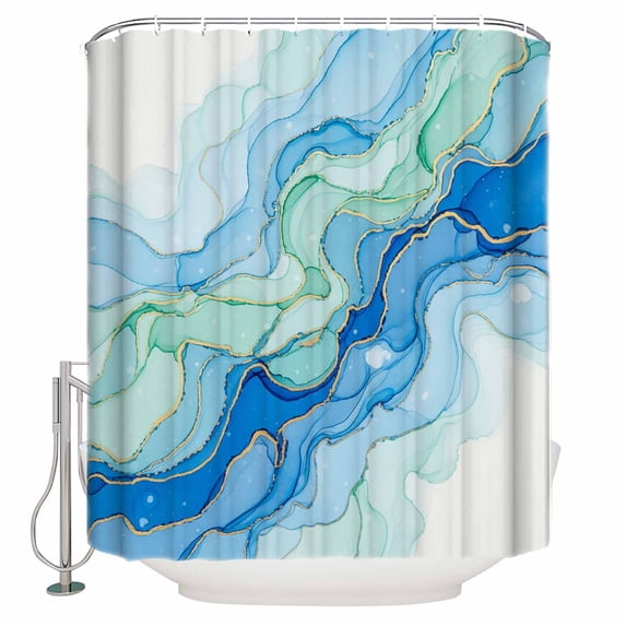 Turquoise Blue Marble Bathroom Shower Curtains with 12 Hooks Polyester ...