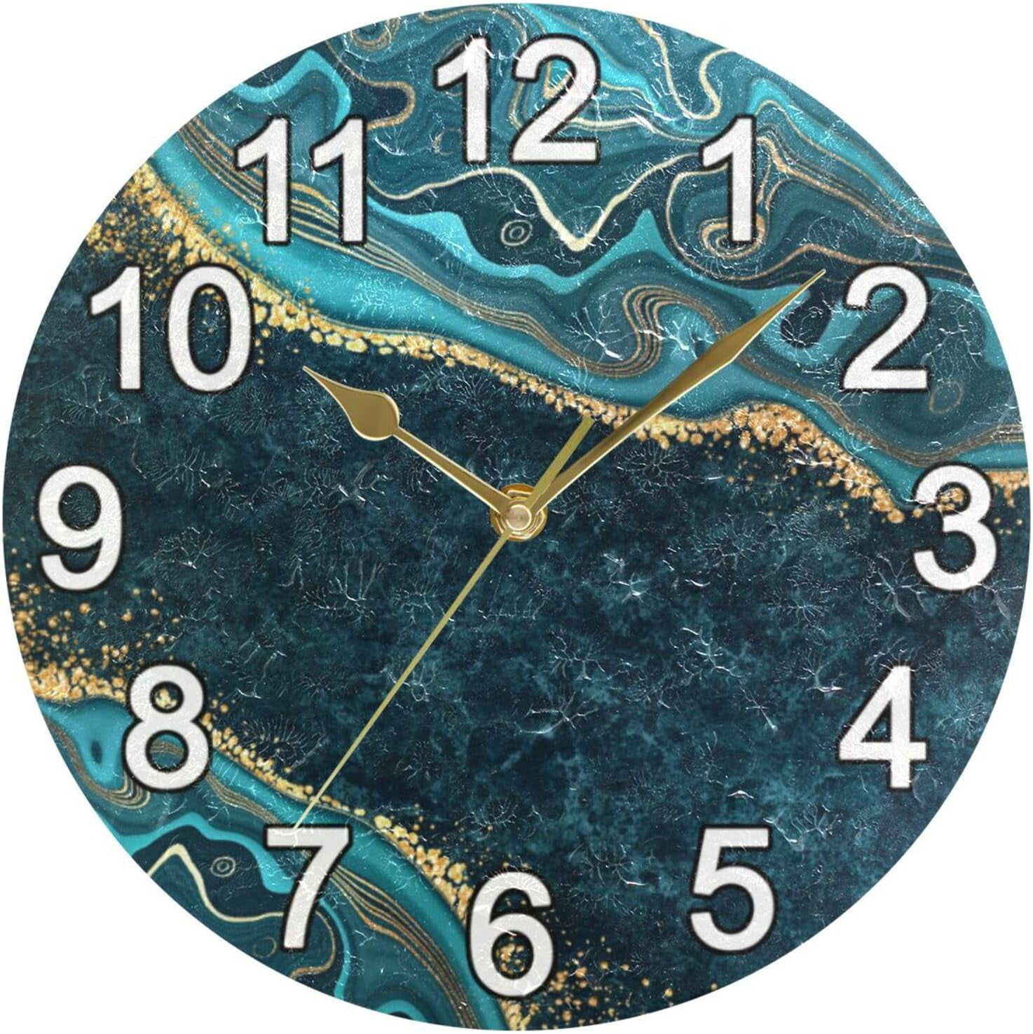 Turquoise Blue Marble Gold Veins Wall Clock Non Ticking Silent Kitchen ...
