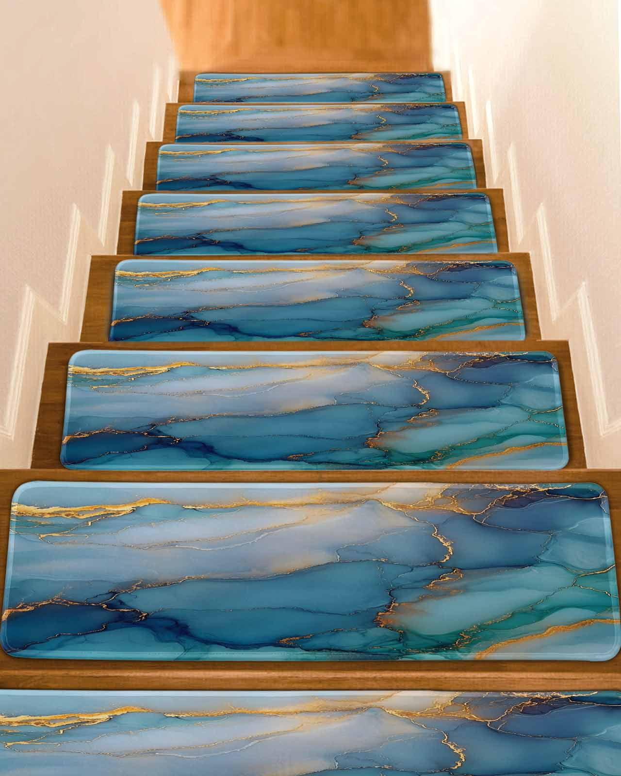 Turquoise Blue Marble Non-Slip Stair Treads for Wooden Steps, 15 Pack ...