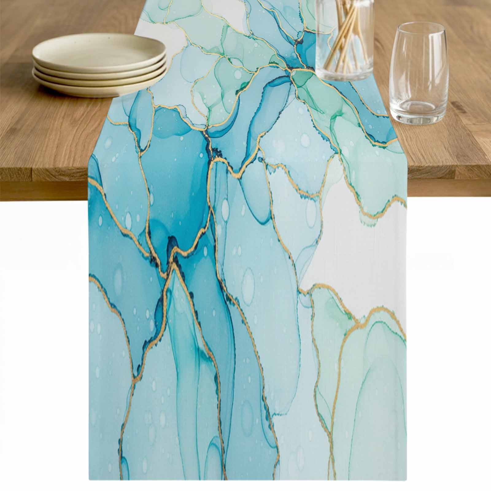 Turquoise Blue Marble Table Runner - 90 Inch Long Modern Abstract Art ...