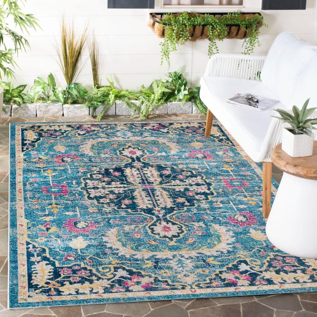 Turquoise Blue Oriental Medallion Boho Outdoor Rug For Balcony Patio ...