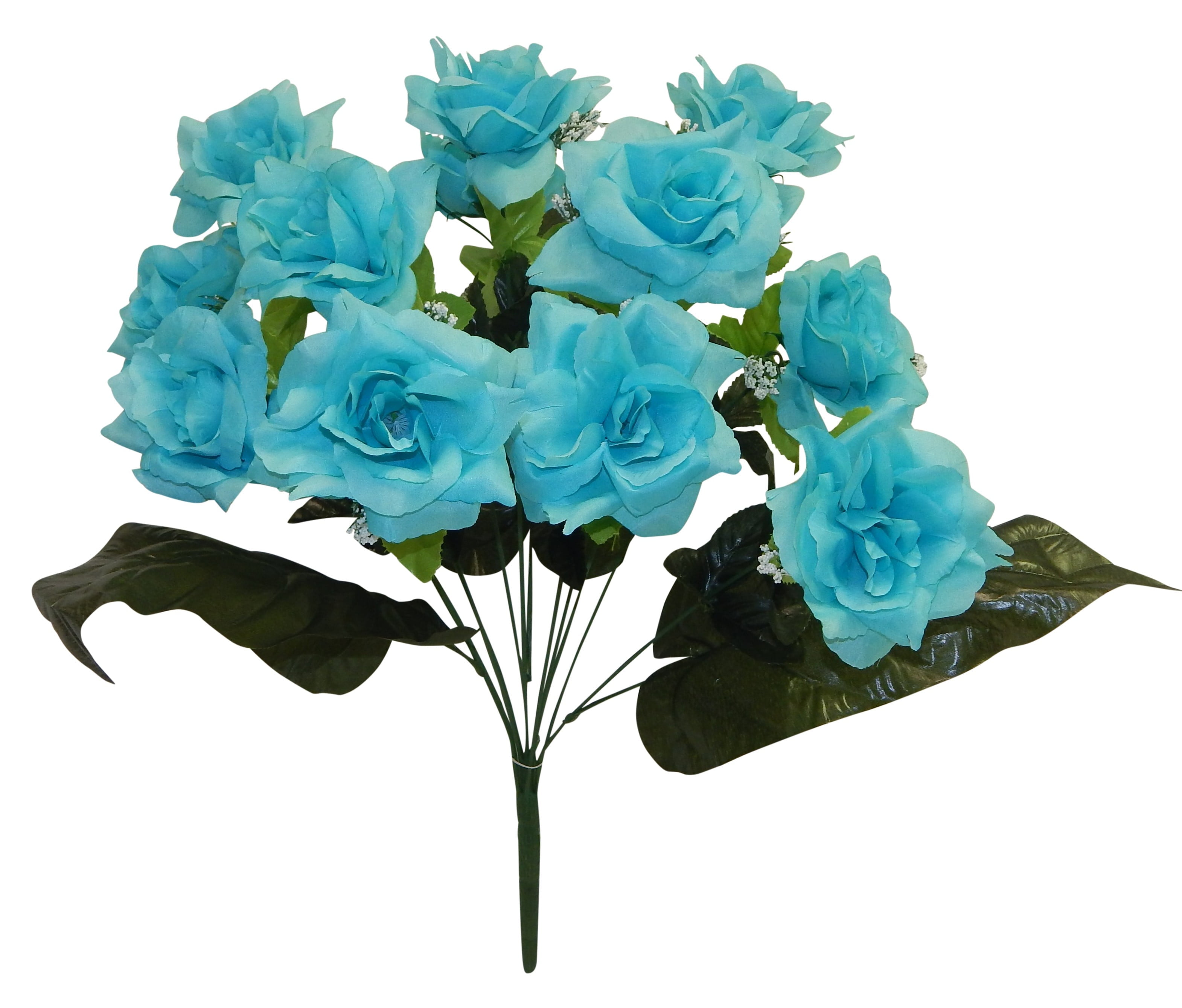 Turquoise Blue Rose with Gypsophila 21in Artificial Polysilk Faux Fake ...