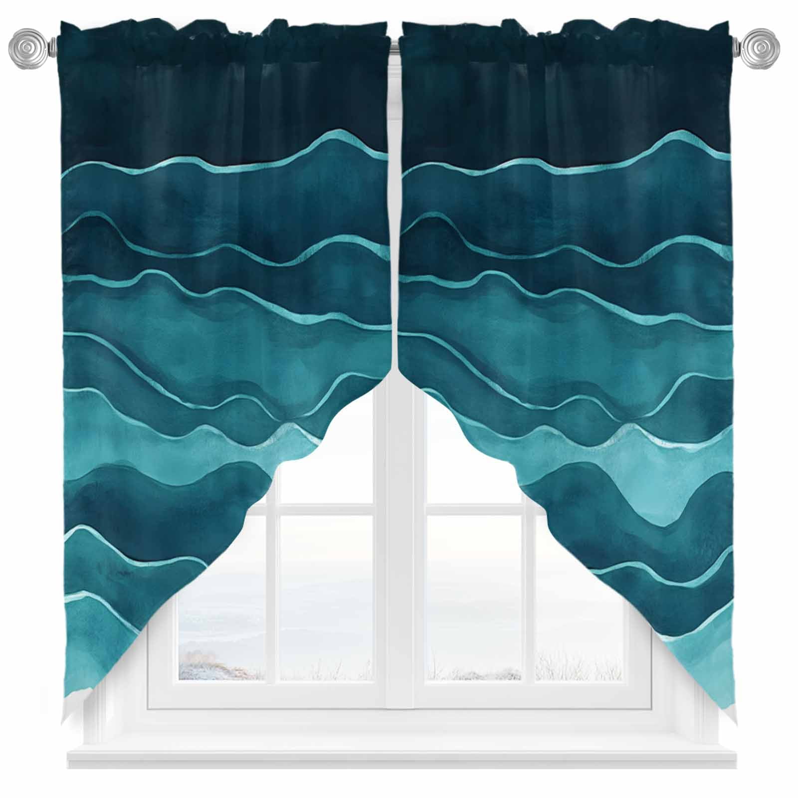 Turquoise Blue Swag Curtain Valance for Windows, Gradient Ocean Waves ...
