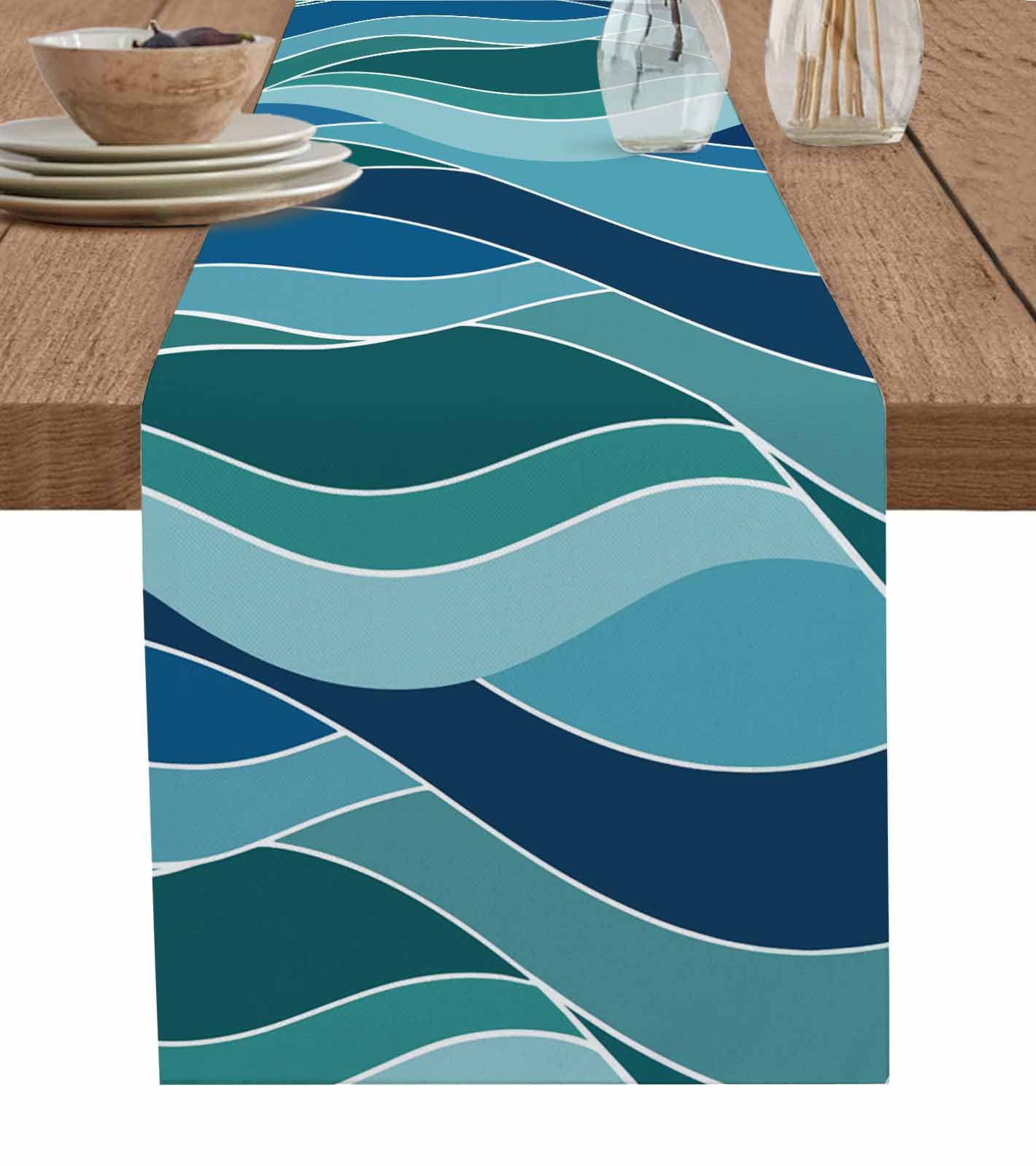 Turquoise Blue Table Runner 36 Inches, Green Gradient Abstract Wave ...