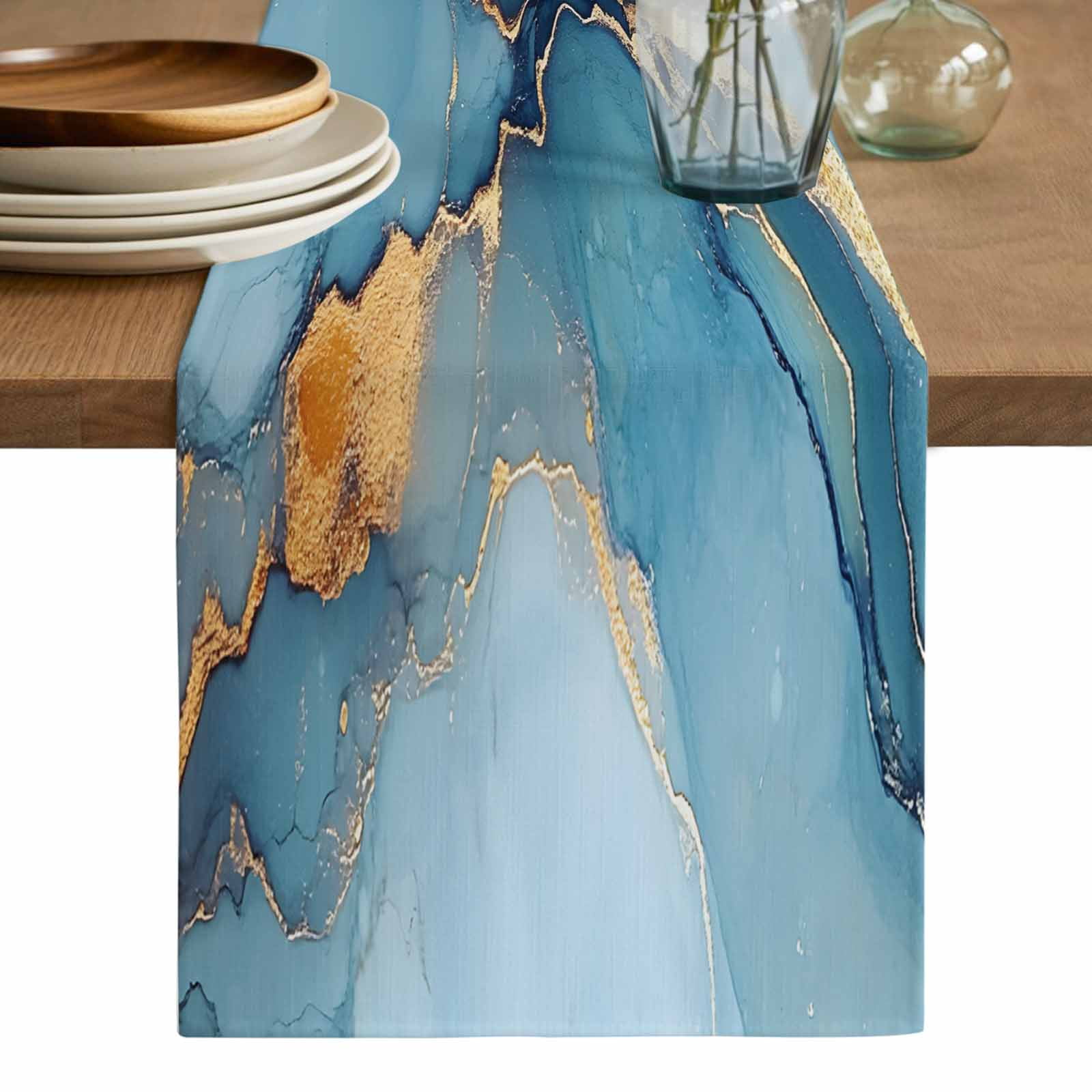 Turquoise Blue Table Runner, Modern Teal Gold Marble Textured Washable ...