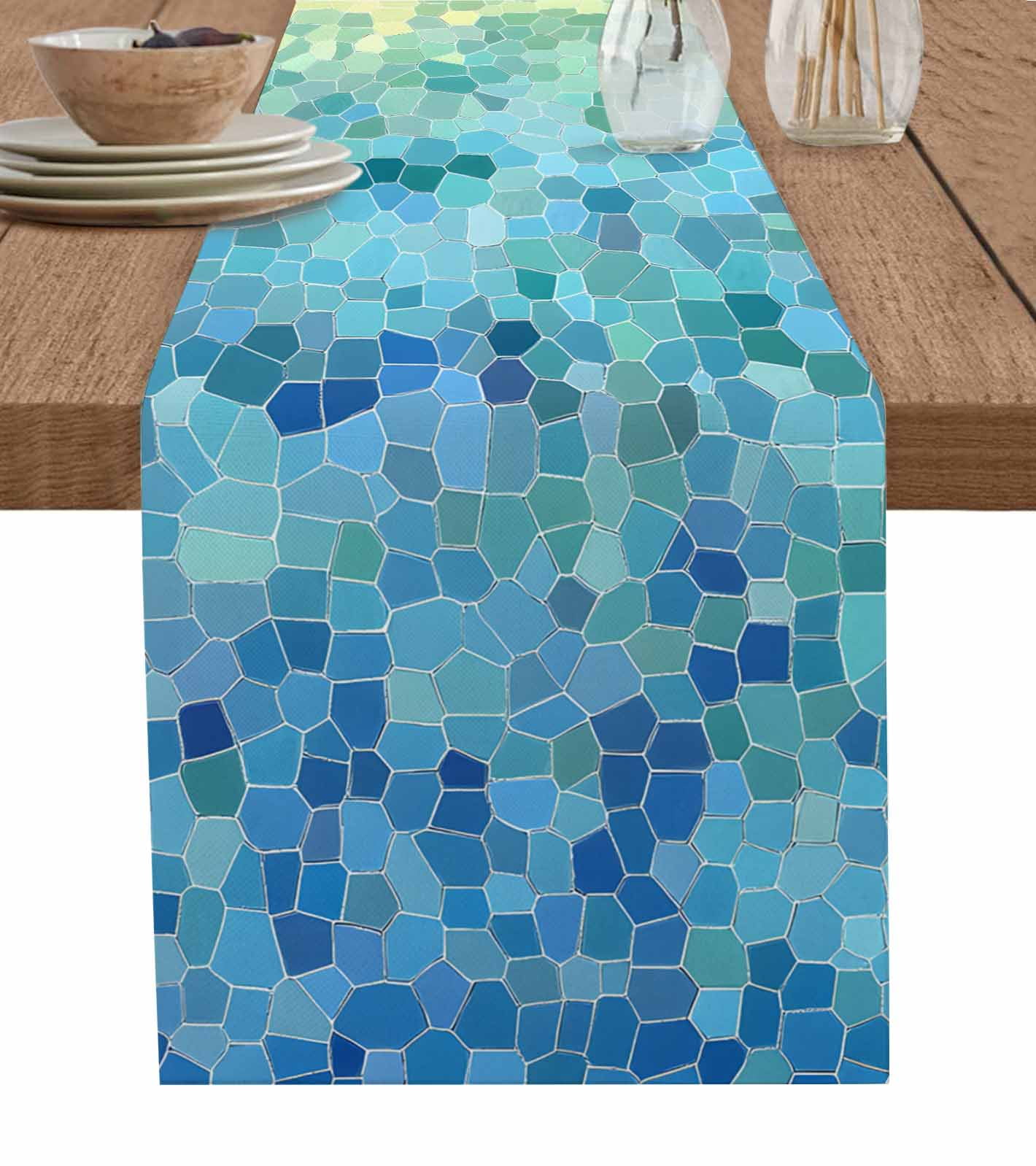 Turquoise Blue Teal Table Runner 120 Inches, Chic Stained Glass Texture ...