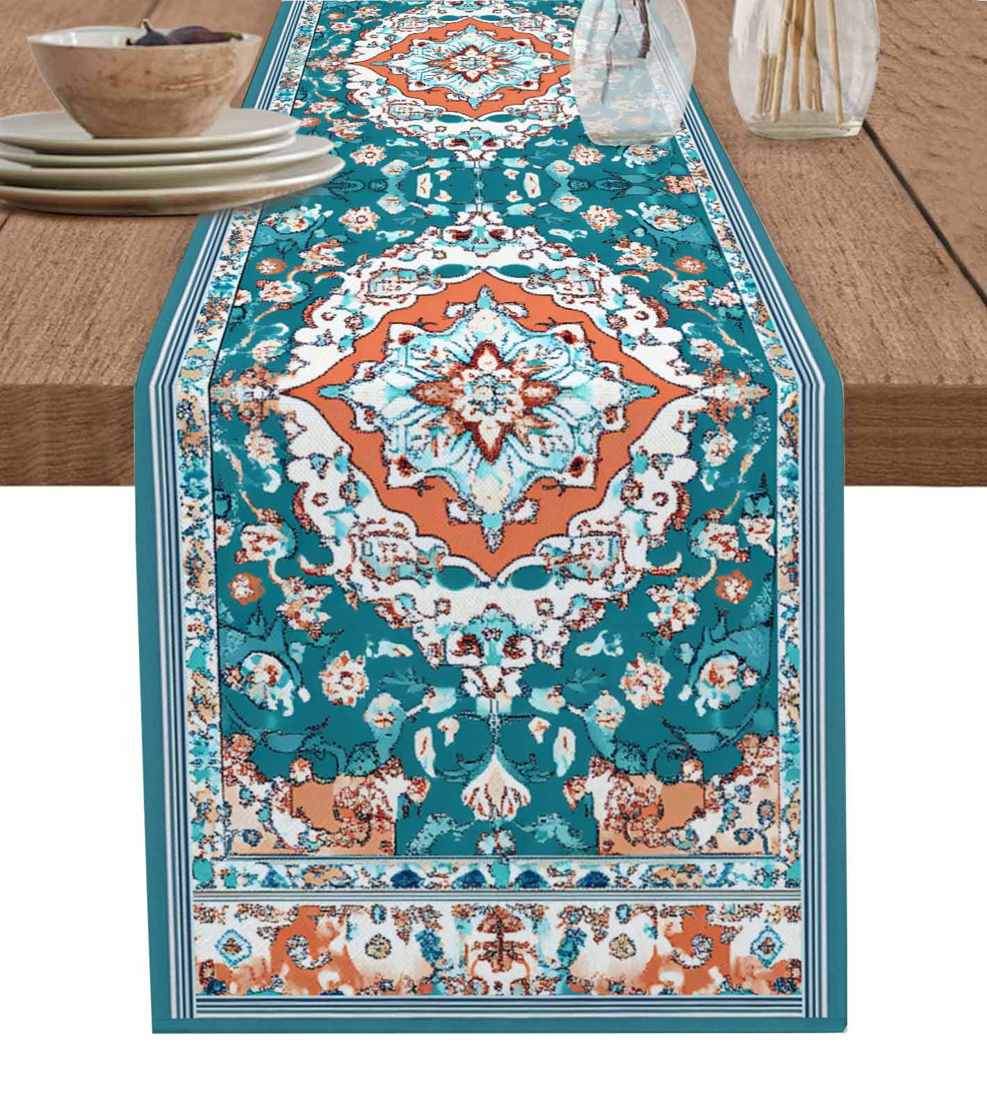 Turquoise Boho Burlap Cotton Table Runner 13x120 Inches Long, Ethnic ...