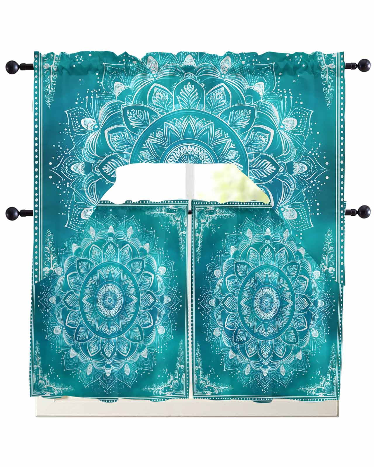 Turquoise Boho Kitchen Curtains Sets 24 Inch Length with Valance ...