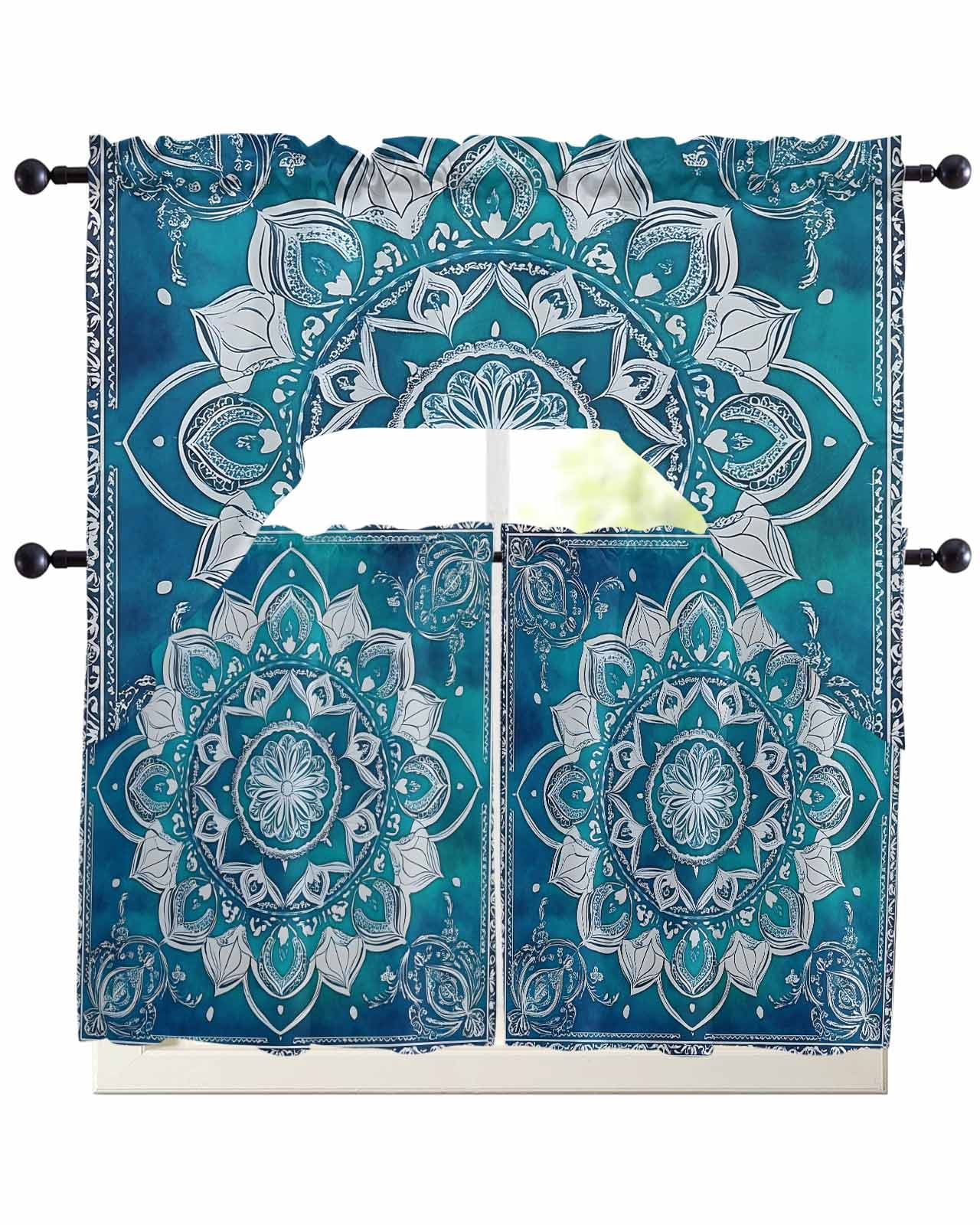 Turquoise Boho Kitchen Curtains Sets 24 Inch Length with Valance ...