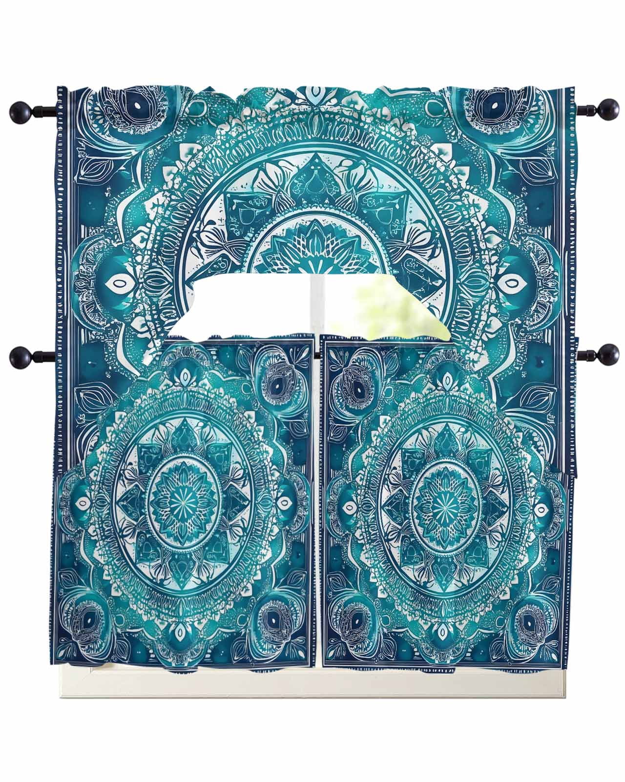Turquoise Boho Kitchen Curtains Sets 24 Inch Length with Valance ...
