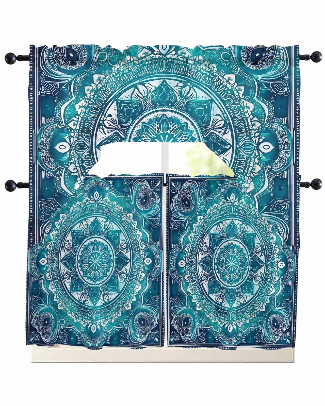 Turquoise Boho Kitchen Curtains Swag Valance and Tier Curtains Set 36 ...