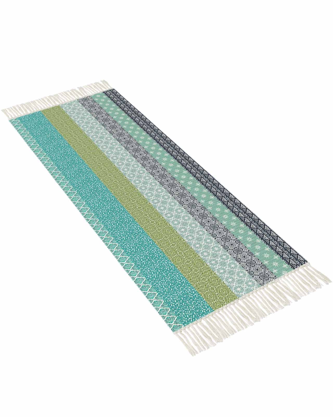 Turquoise Boho Kitchen Runner Rug 2'x4', Washable Woven Cotton Area Rug ...