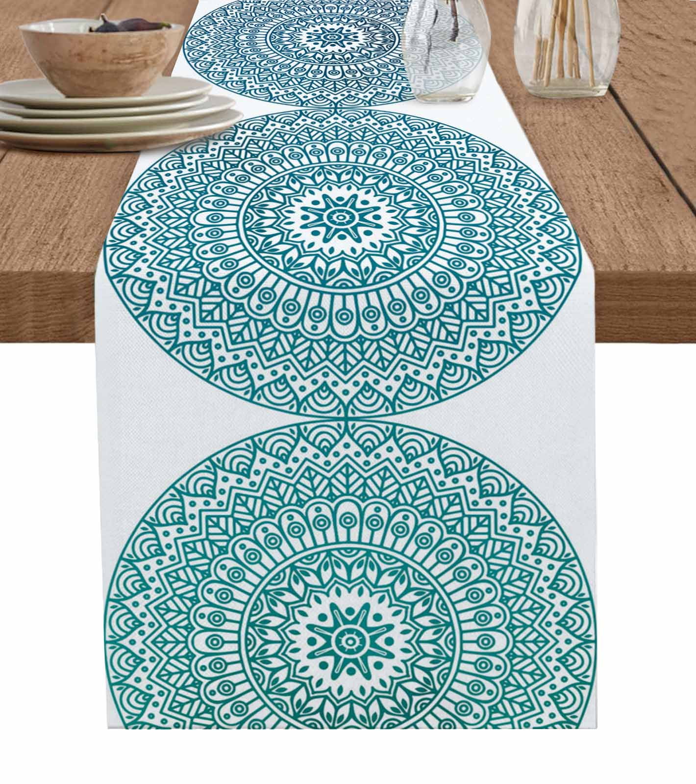 Turquoise Boho Table Runner 72 Inches, Retro Ethnic Teal Geometric ...