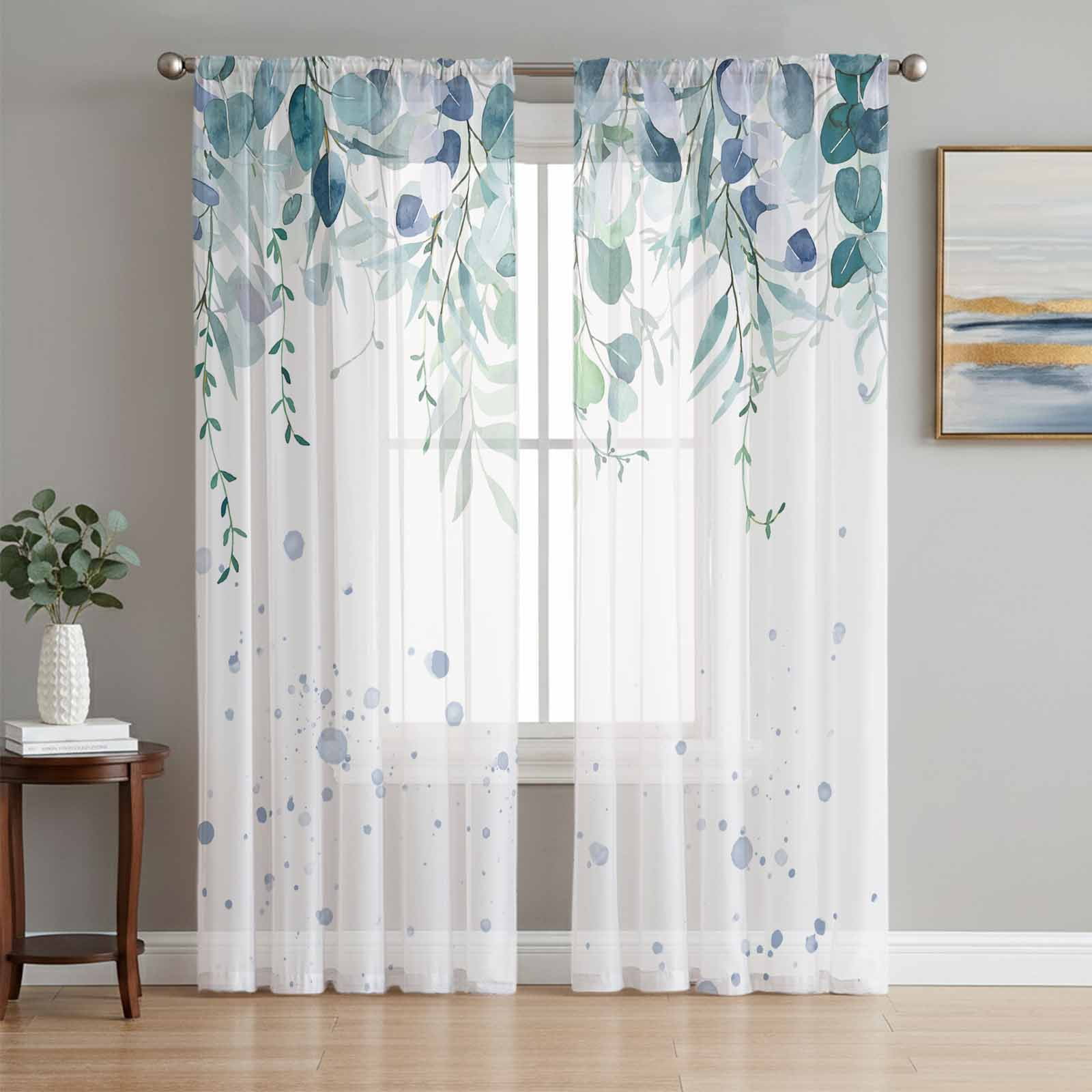 Turquoise Botanical Semi Sheer Curtains 108 Inch Length 2 Panels Set ...