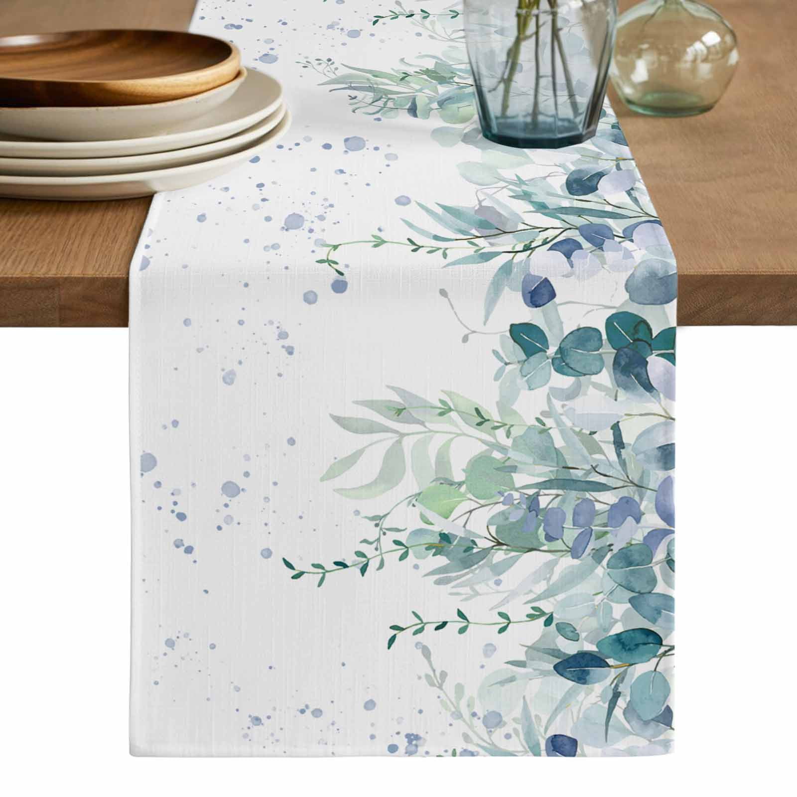Turquoise Botanical Table Runner, Spring Weeping Eucalyptus Leaves ...
