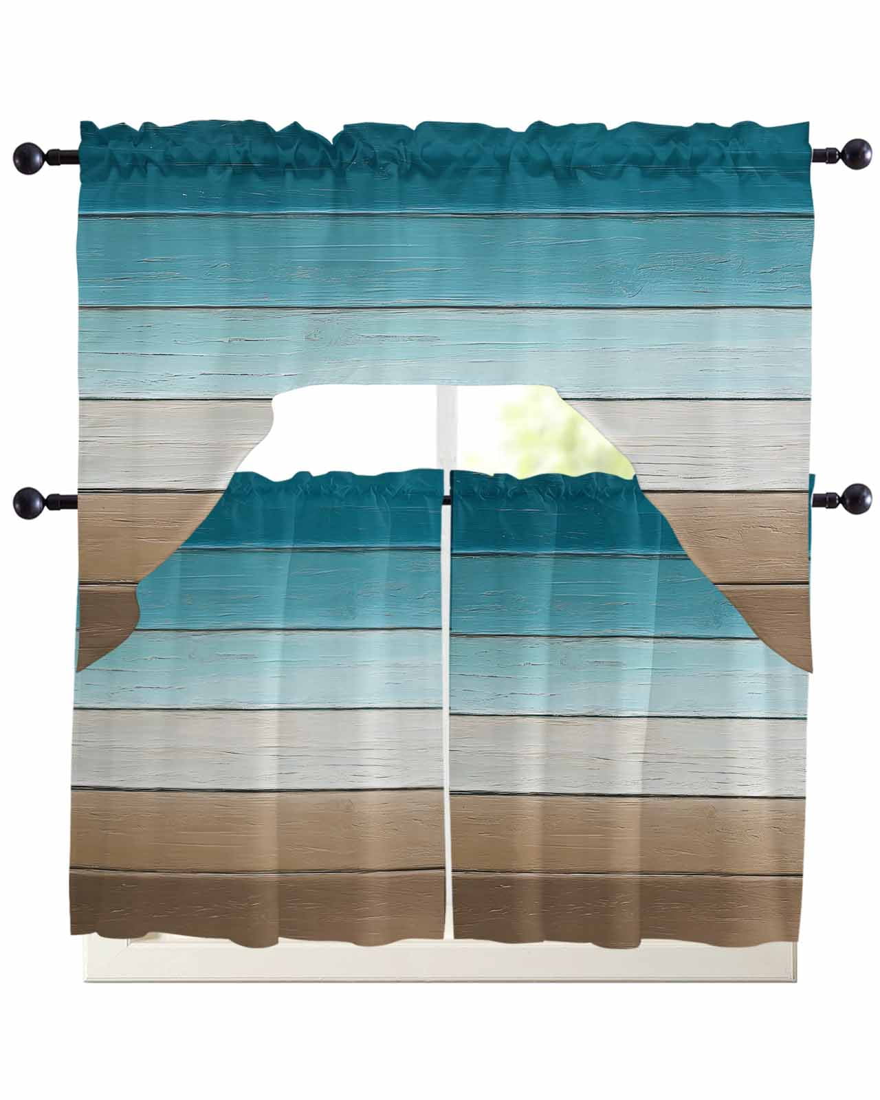 Turquoise Brown Kitchen Curtains Sets 24 Inch Length with Valance ...