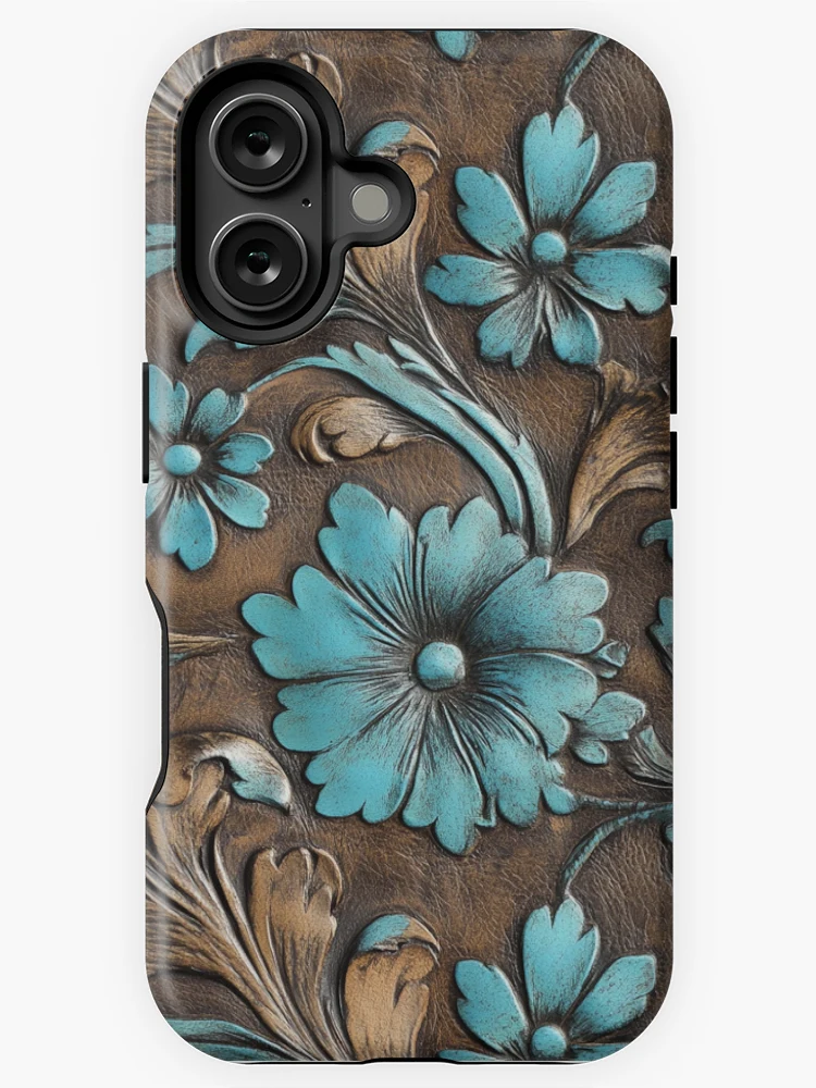 Turquoise Brown Leather Case iPhone 11 12 13 14 15 16 Pro Max Western ...