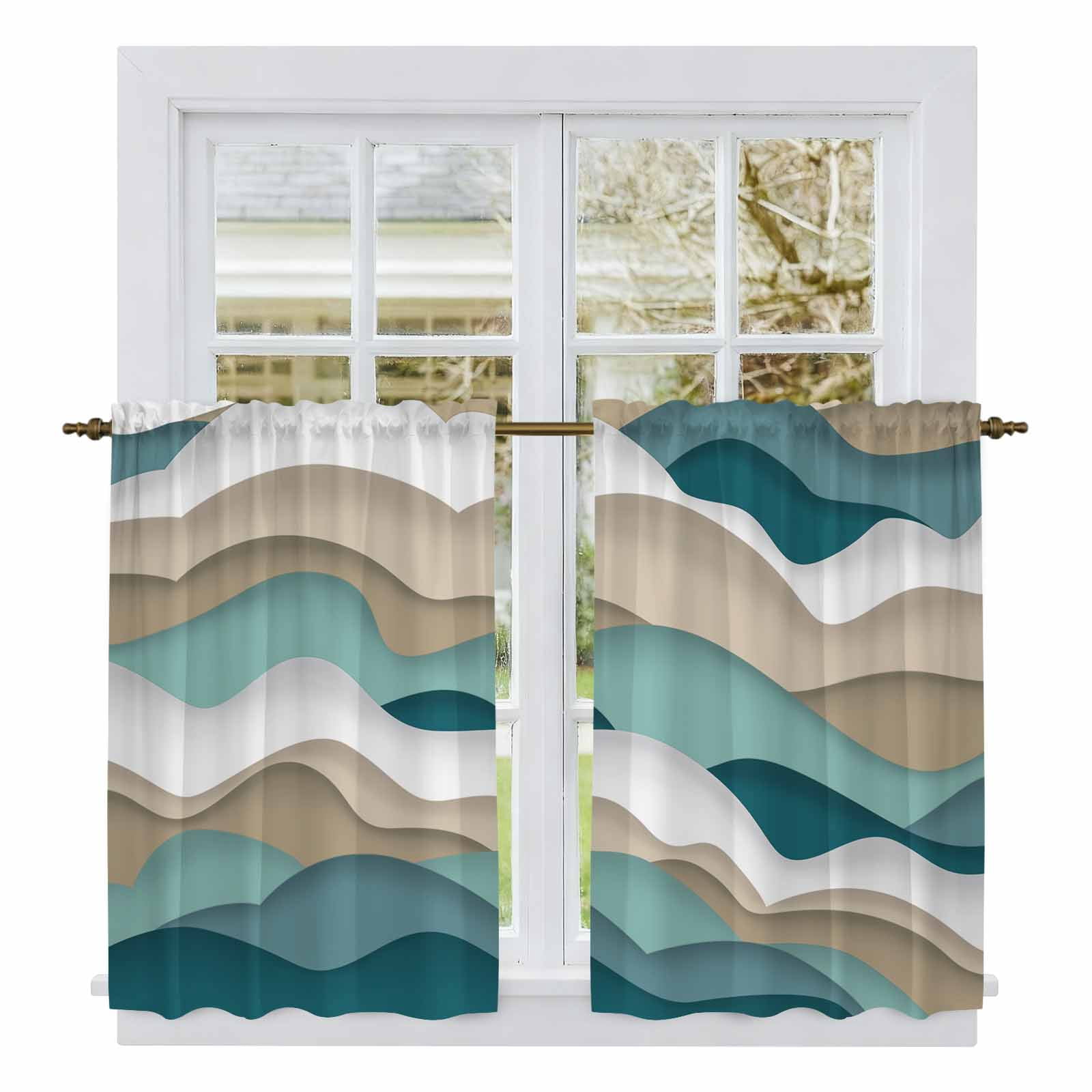 Turquoise Brown Ombre Kitchen Curtains, Modern Geometric Moire Abstract ...