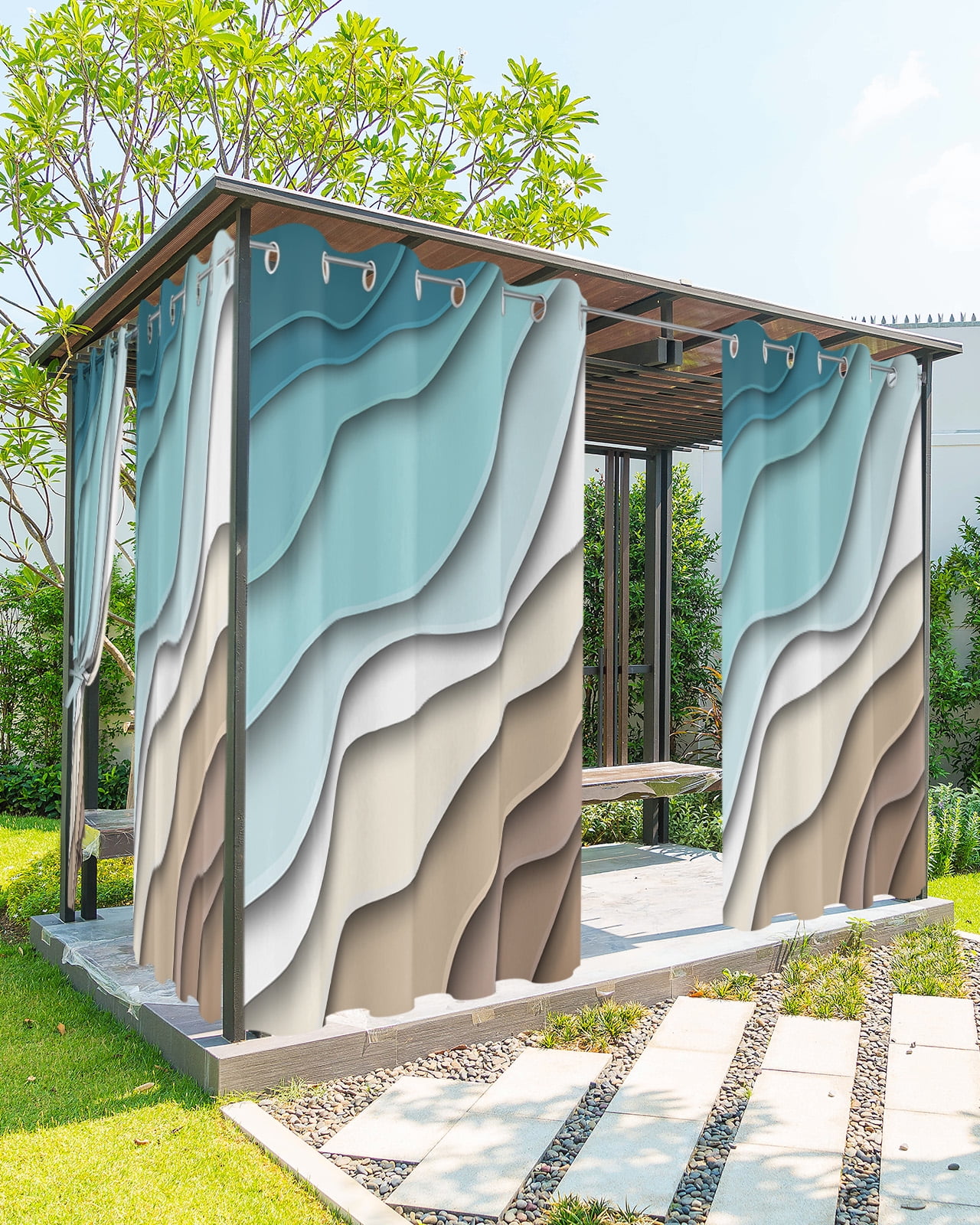 Turquoise Brown Outdoor Curtains for Patio Waterproof, Gradient ...