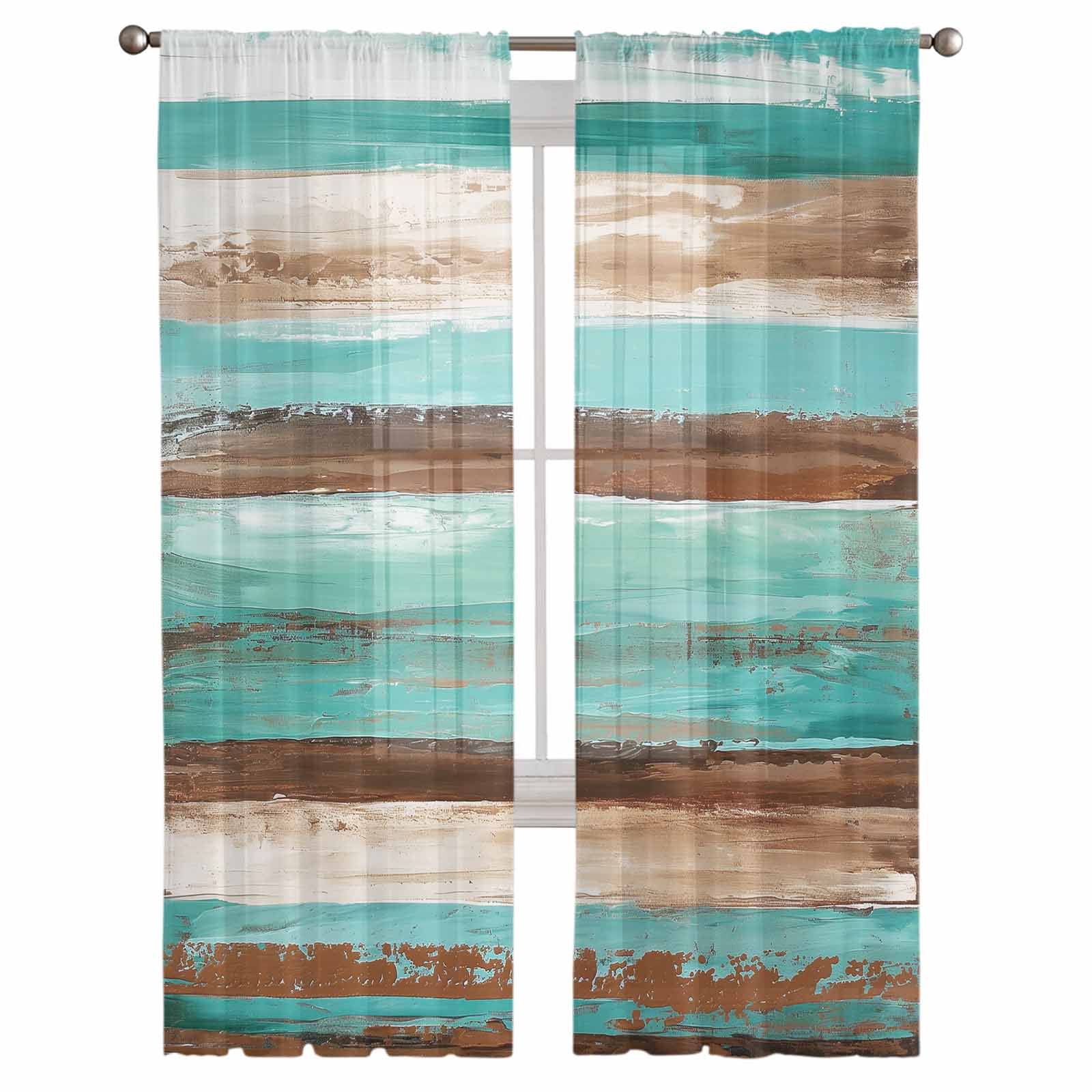 Turquoise Brown Semi Sheer Curtains 108 Inch Length 2 Panels Set ...