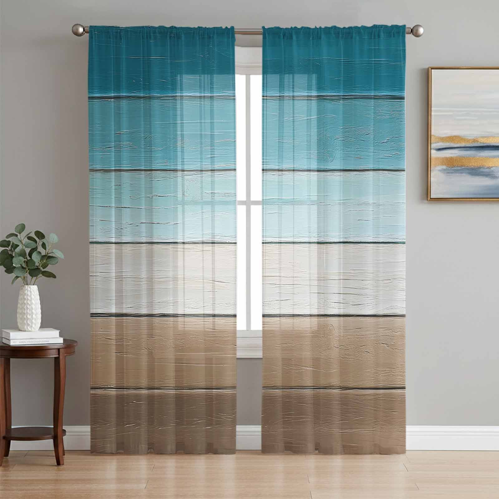 Turquoise Brown Sheer Curtains 63 Inch Length 2 Panels Set, Farmhouse ...