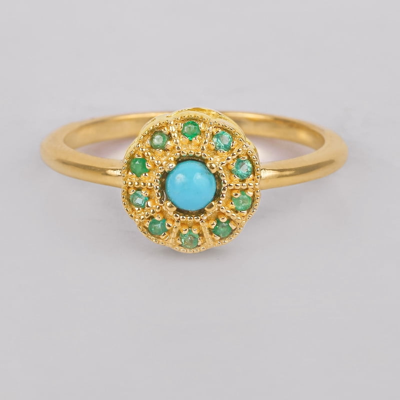 Turquoise Cabochon and Halo Emerald Statment Band Ring, 925 Starling ...