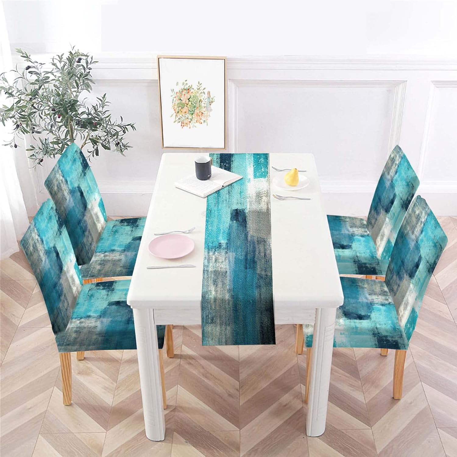 Turquoise Chair Covers Set of 4 and Table Runner,Stretch Grey Chair ...