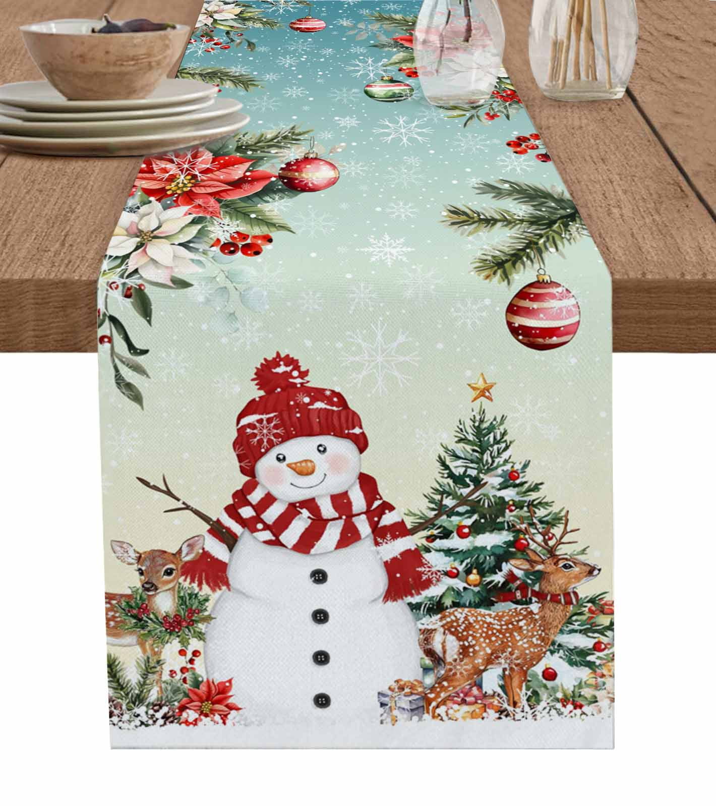 Turquoise Christmas Table Runner 108 Inches, Snowman Xmas Tree Elk ...
